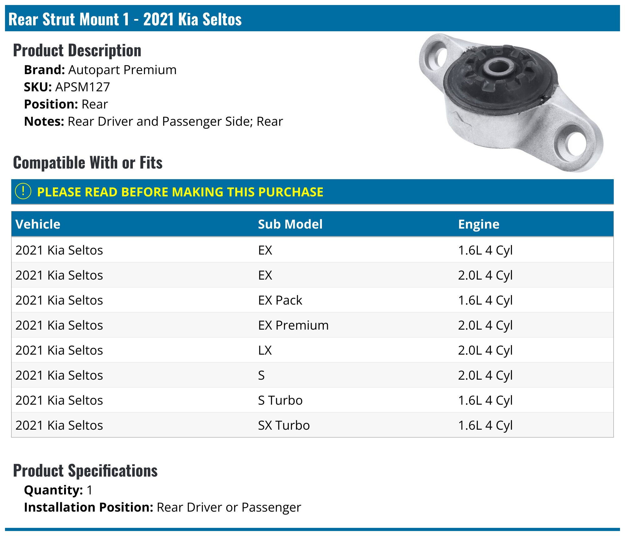 2021 Kia Seltos Strut Mount - Autopart Premium APSM127 - Rear ...