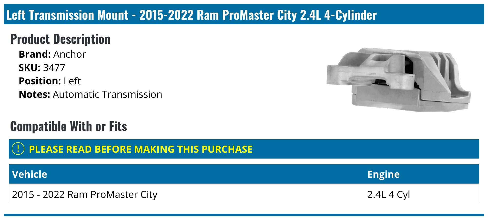 2015-2022 Ram ProMaster City Transmission Mount - Anchor 3477 - Left ...