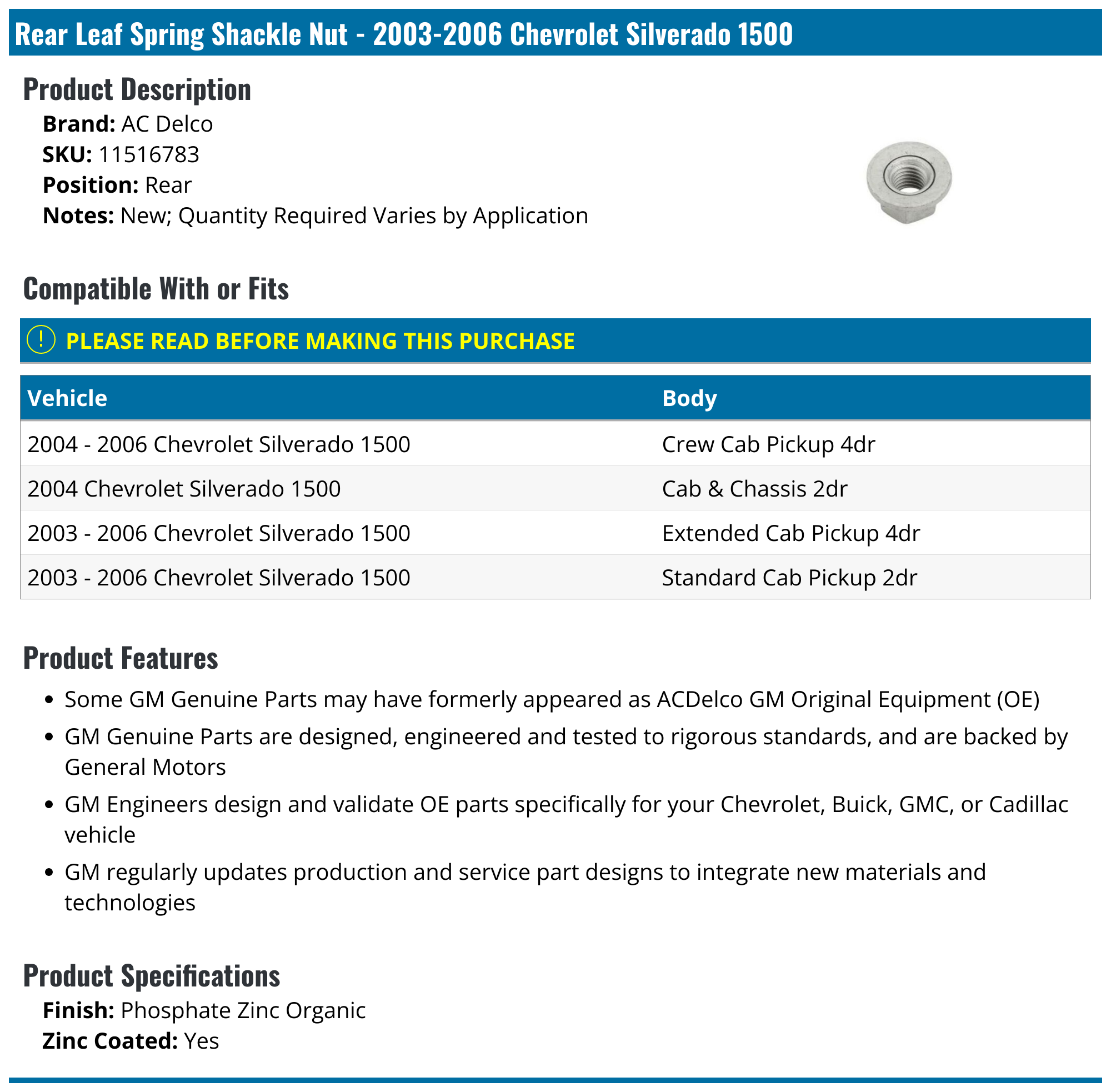 2003-2006 Chevrolet Silverado 1500 Leaf Spring Shackle Nut - AC Delco ...