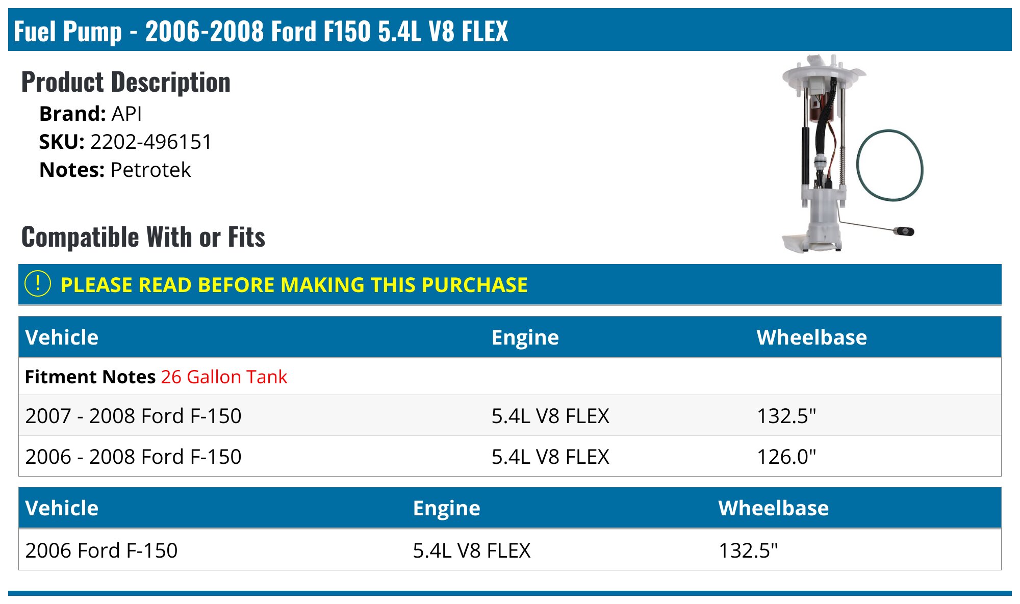 2006-2008 Ford F150 Fuel Pump - API 18750-02519625 - PartsGeek.com