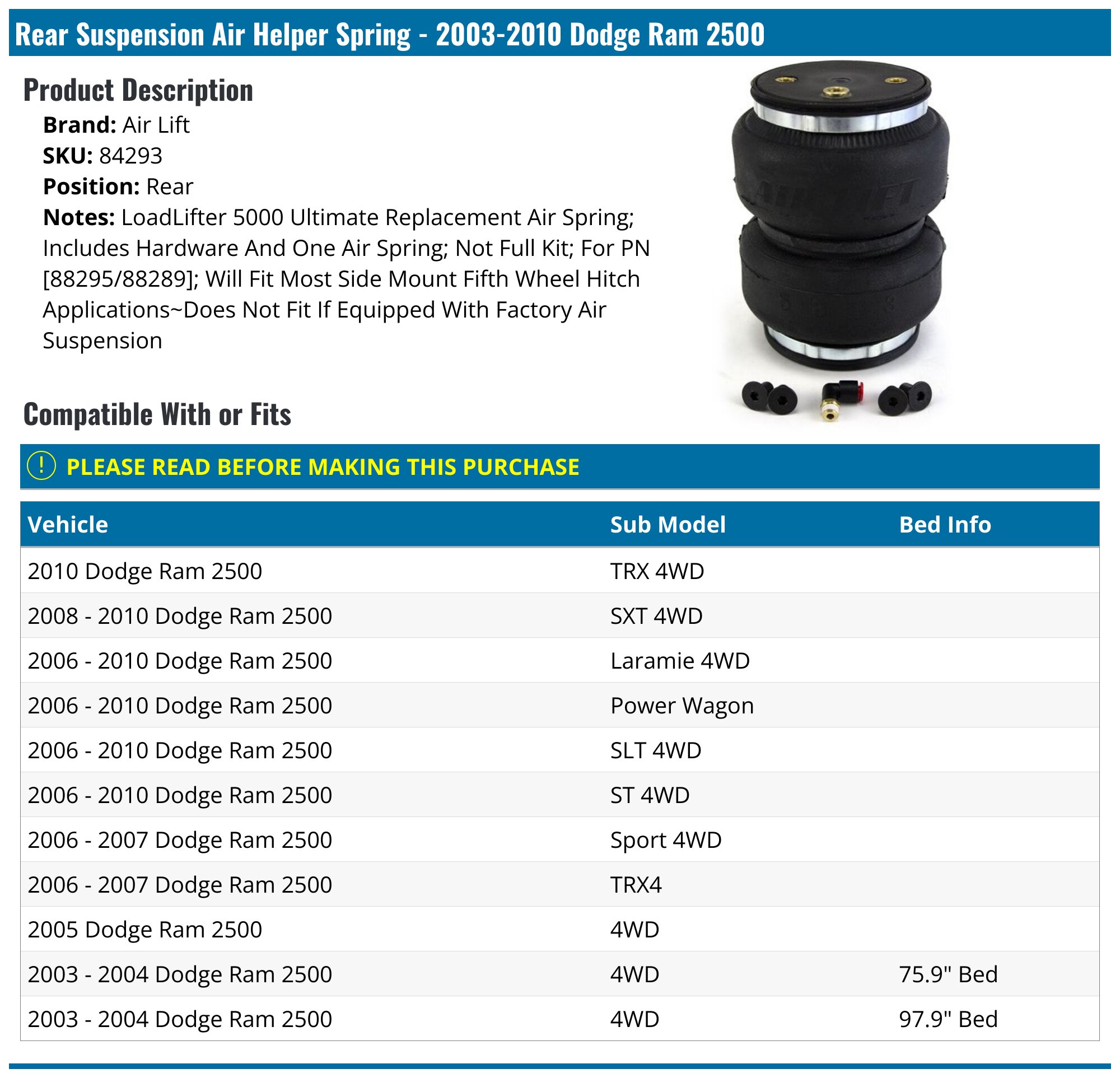 2003-2010 Dodge Ram 2500 Air Spring - Air Lift 84293 - Rear - PartsGeek.com
