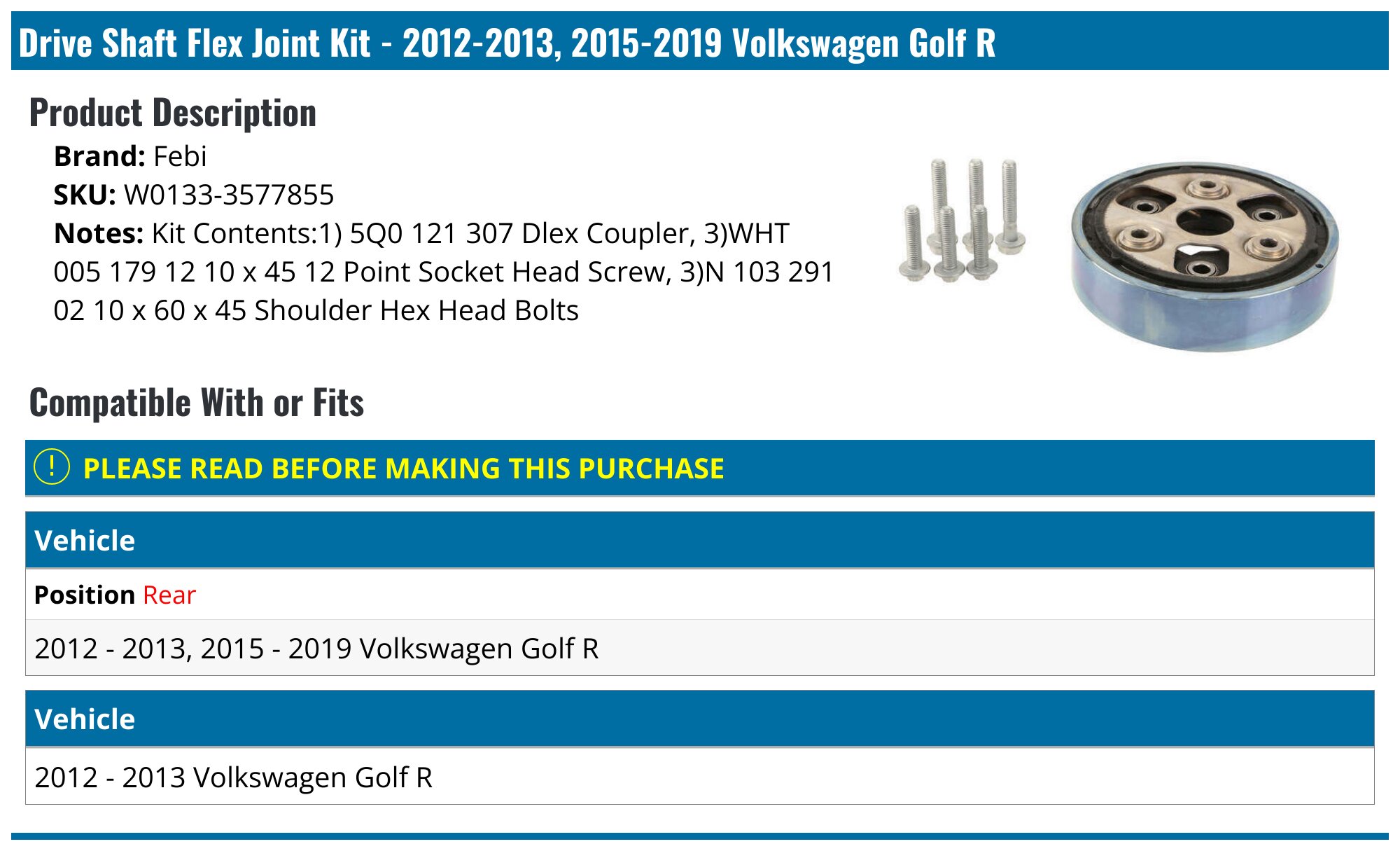 2012-2013, 2015-2019 Volkswagen Golf R Drive Shaft Flex Joint - Febi ...
