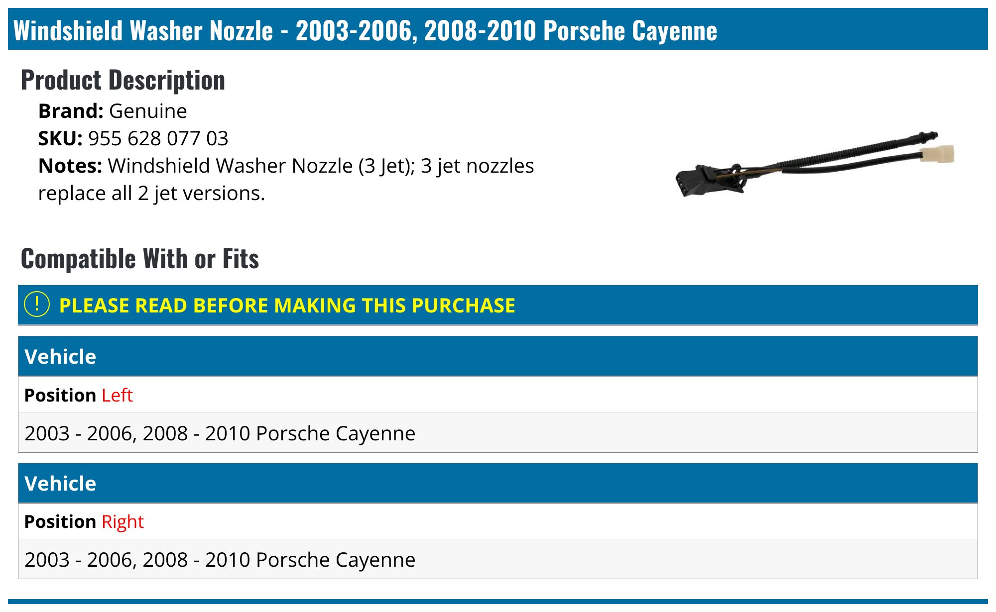 2003-2006, 2008-2010 Porsche Cayenne Windshield Washer Nozzle - Genuine ...