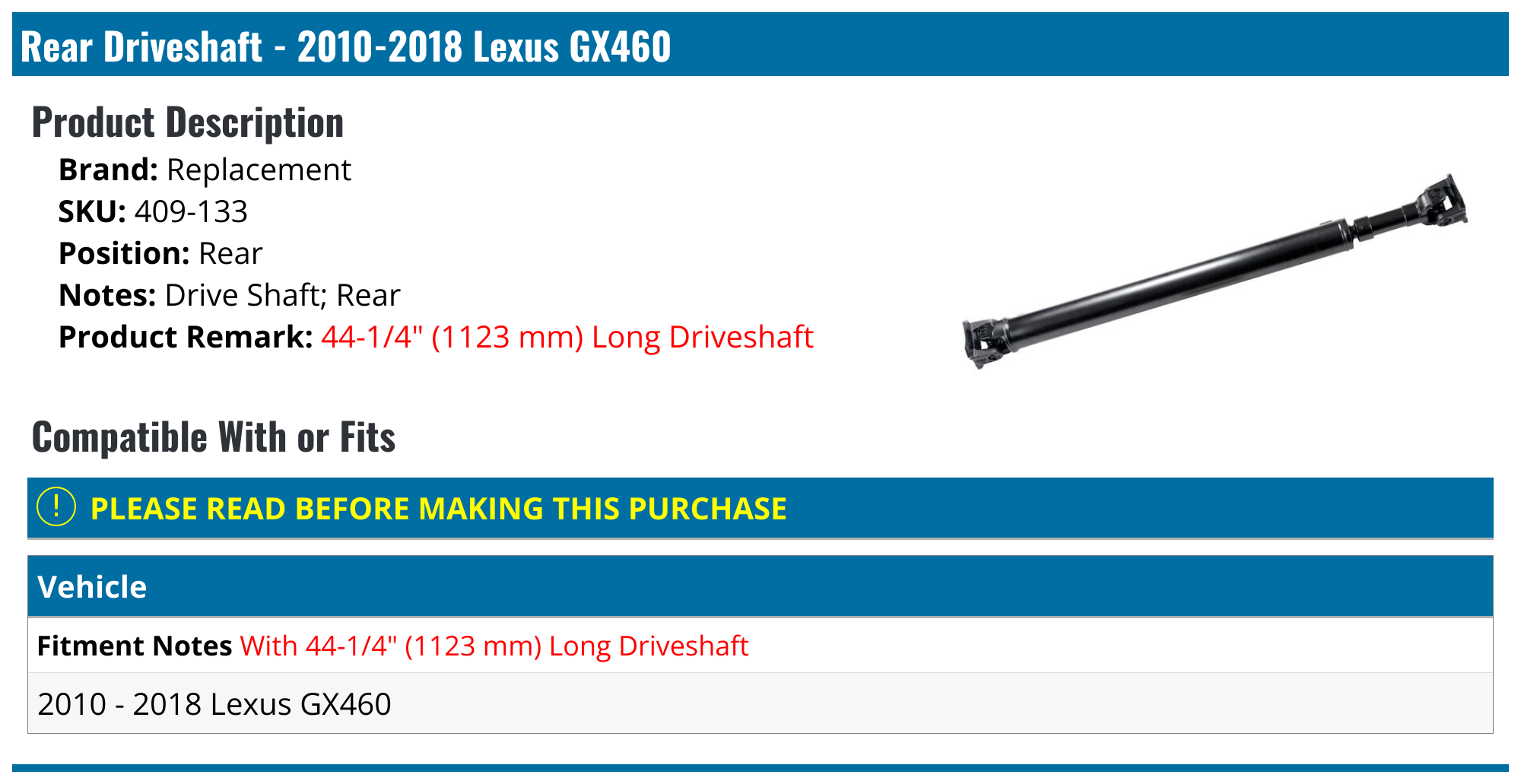 2010-2018 Lexus GX460 Drive Shaft - Replacement 409-133 - Rear ...
