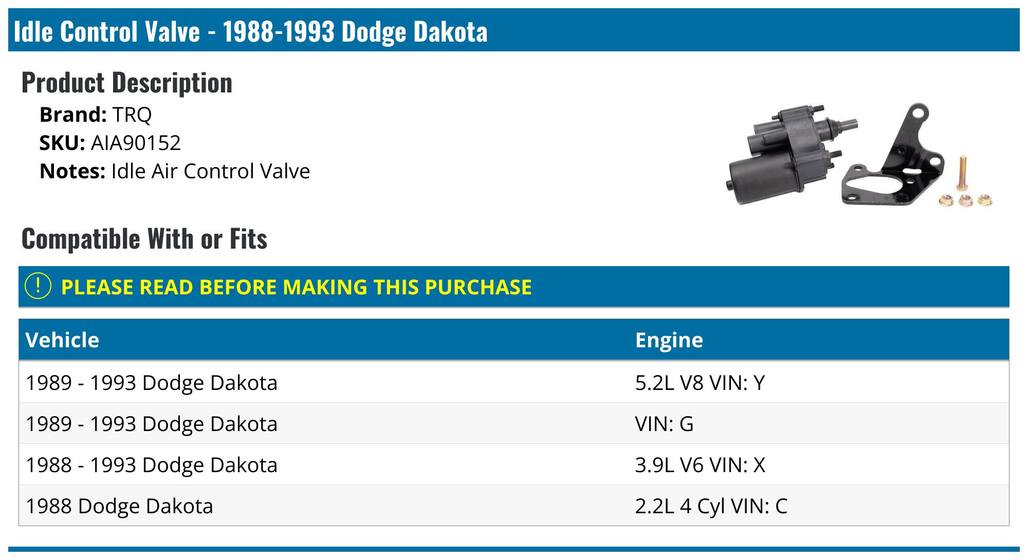 1988 1993 Dodge Dakota Idle Control Valve Trq Aia90152