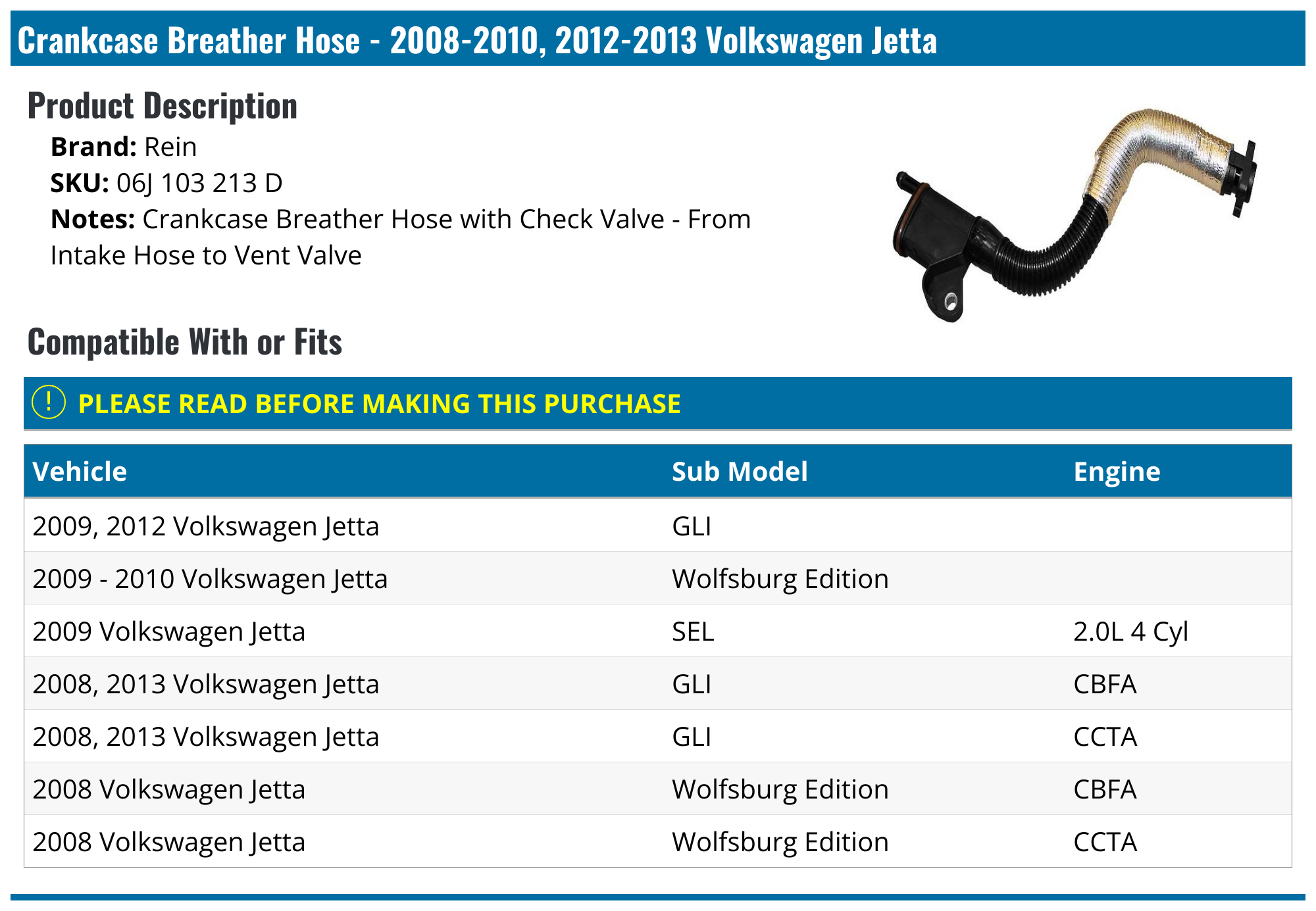 2008-2010, 2012-2013 Volkswagen Jetta Breather Hose - Rein 06J 103 213 ...