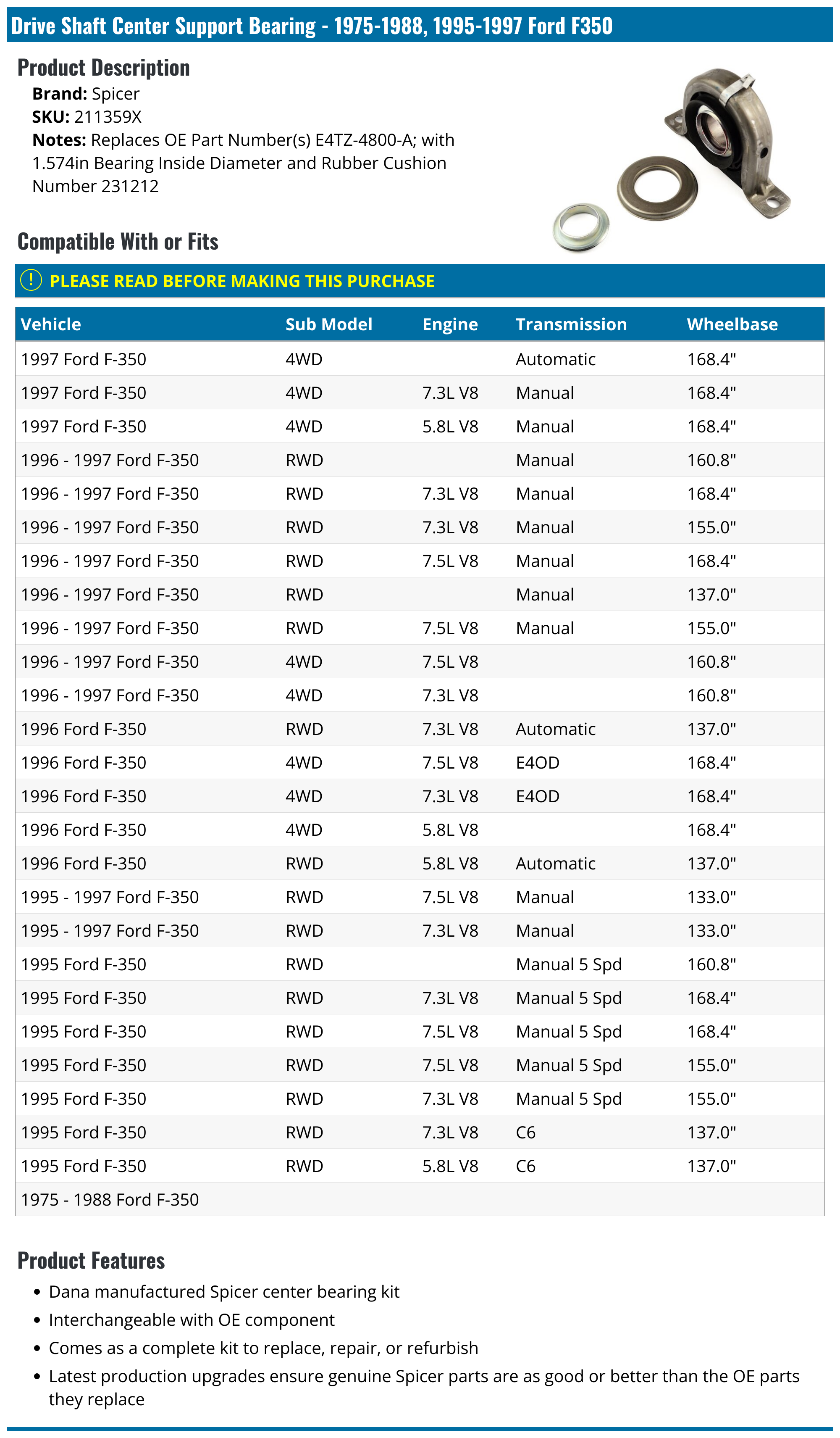1975-1988, 1995-1997 Ford F350 Drive Shaft Center Support Bearing ...
