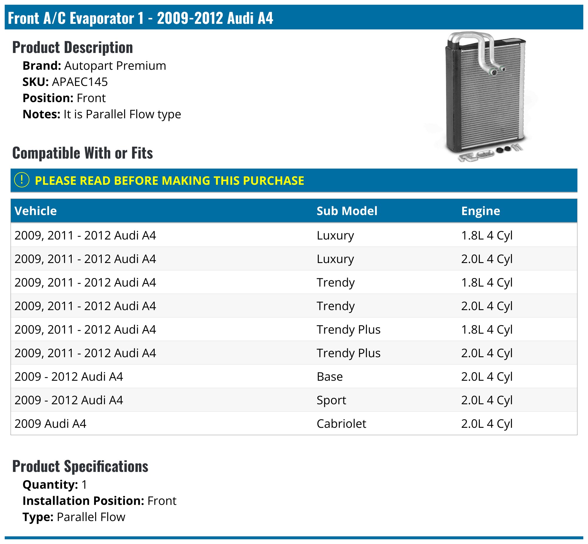 2009-2012 Audi A4 A/C Evaporator - Autopart Premium APAEC145 - Front ...