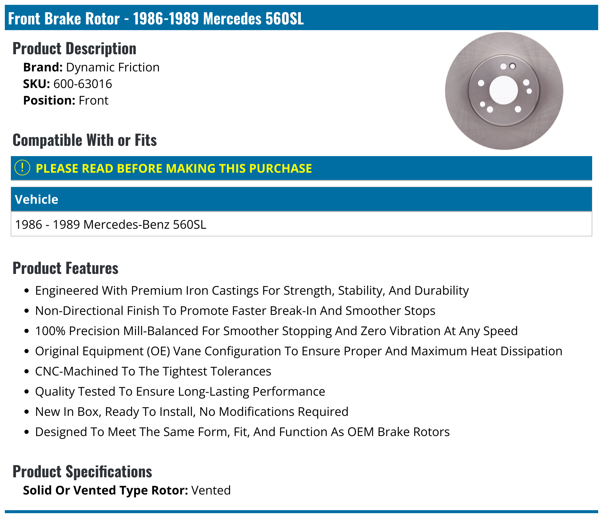 1986-1989 Mercedes 560SL Brake Rotor - Dynamic Friction 600-63016 ...