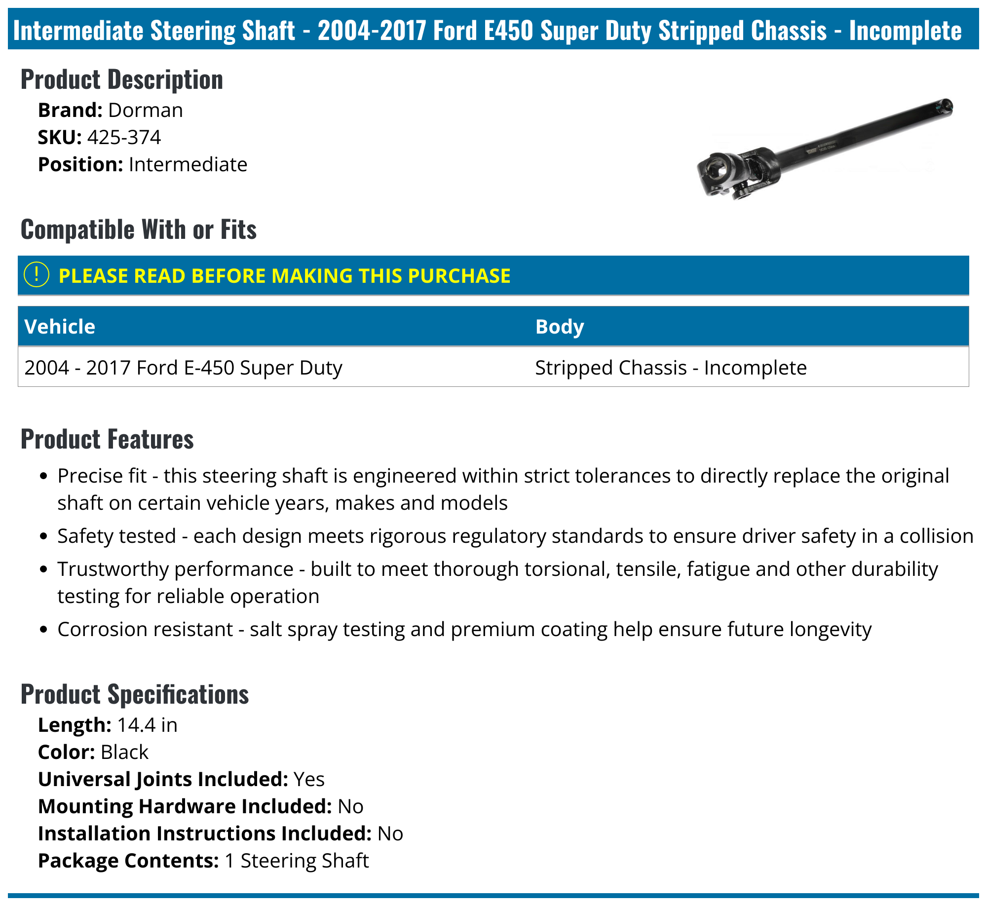 2004-2017 Ford E450 Super Duty Steering Shaft - Dorman 425-374 ...