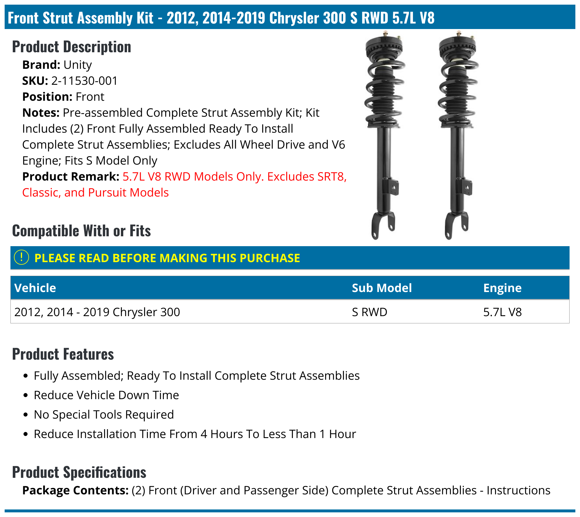 2012, 2014-2023 Chrysler 300 Strut Assembly - Unity 2-11530-001 - Front ...
