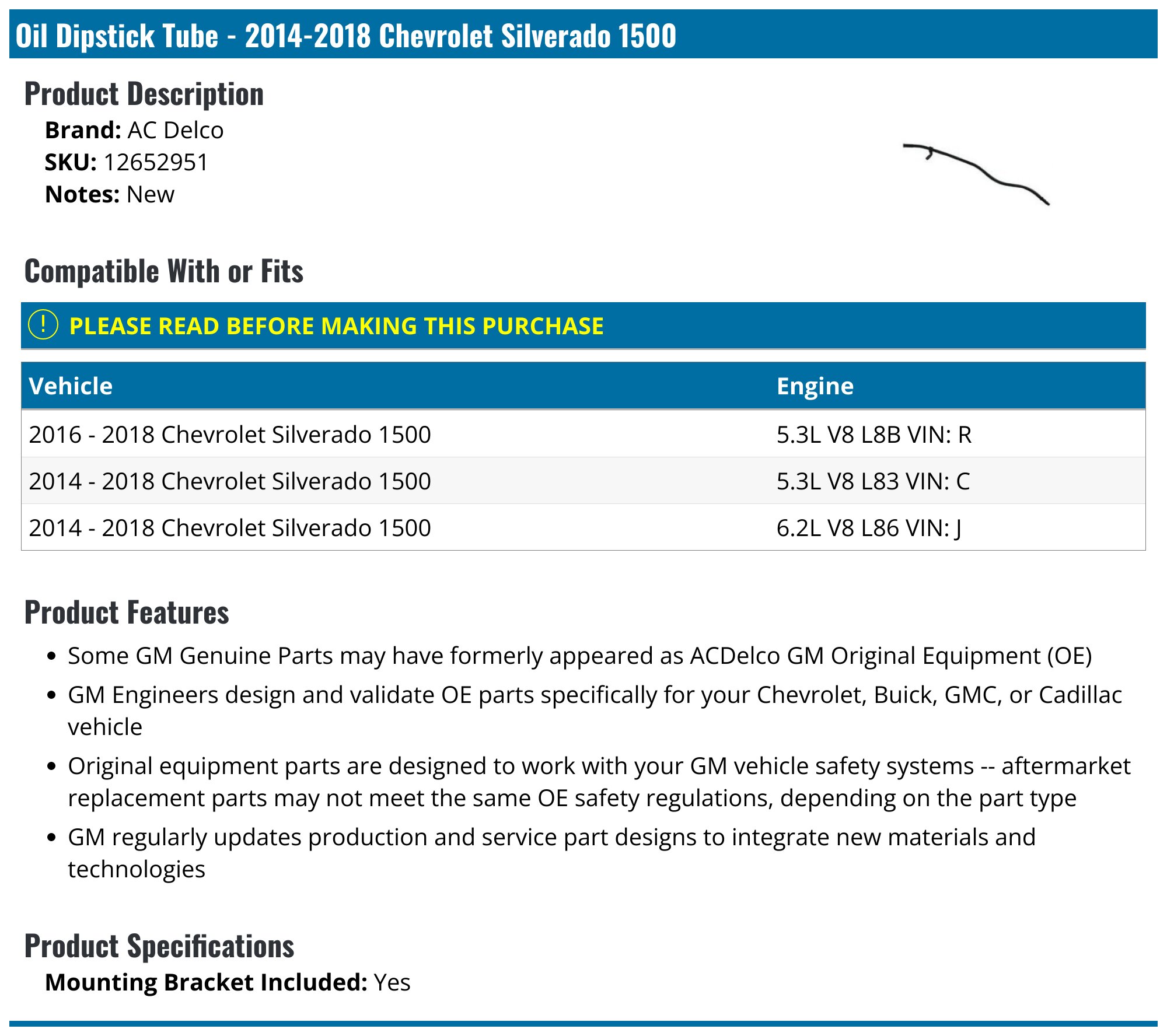 2014-2018 Chevrolet Silverado 1500 Oil Dipstick Tube - AC Delco ...