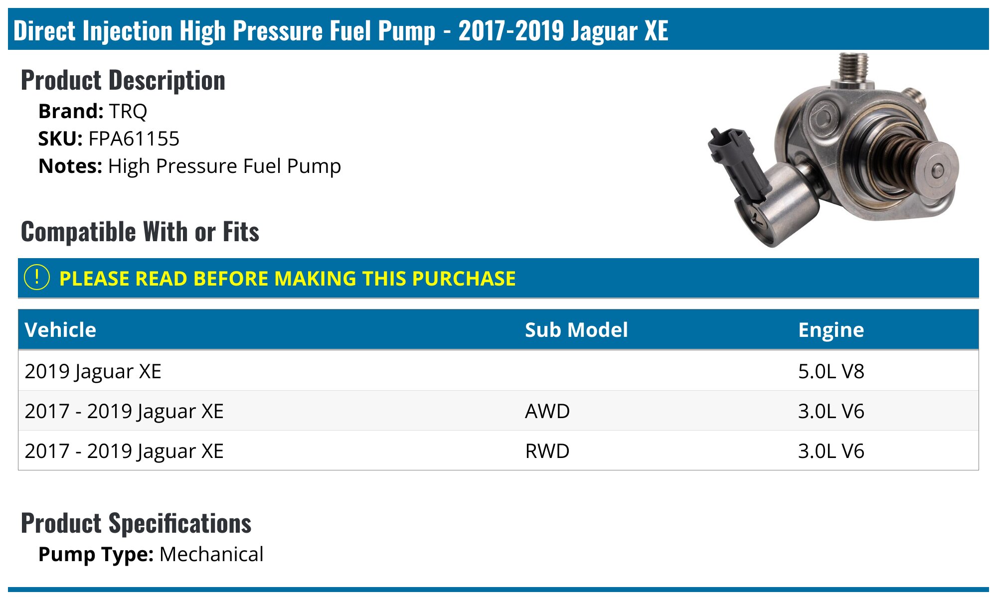 2017-2019 Jaguar XE Fuel Pump - TRQ FPA61155 - PartsGeek.com