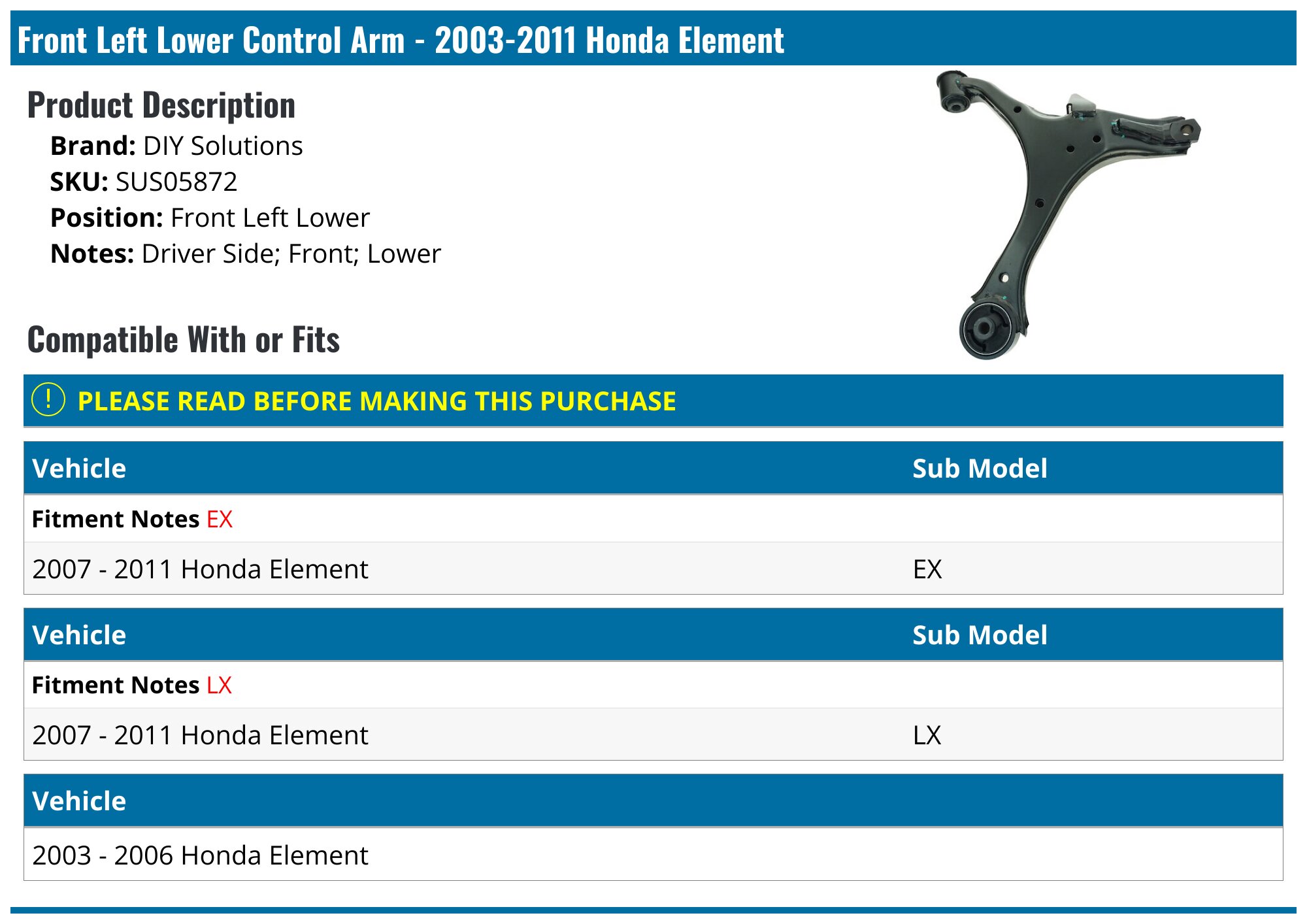 2003-2011 Honda Element Control Arm - DIY Solutions SUS05872 - Front ...