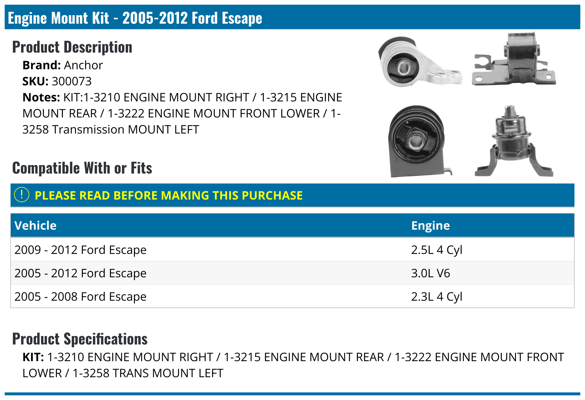 2005-2012 Ford Escape Engine Mount - Anchor 300073 - PartsGeek.com