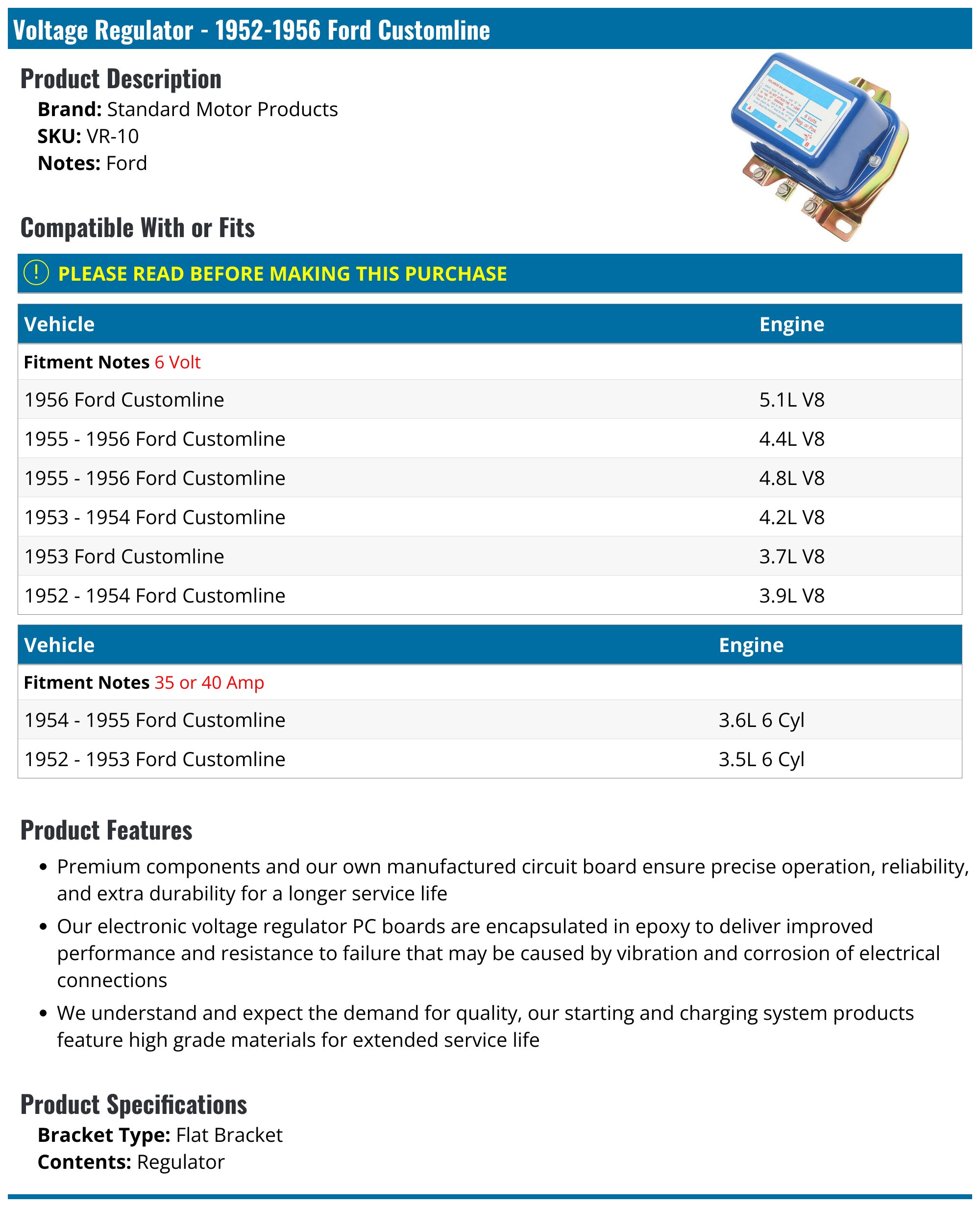 1952-1956 Ford Customline Voltage Regulator - Standard Motor Products ...