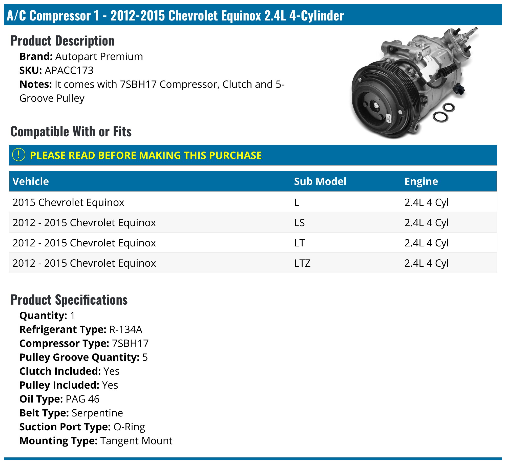 2012-2015 Chevrolet Equinox A/C Compressor - Autopart Premium APACC173 ...