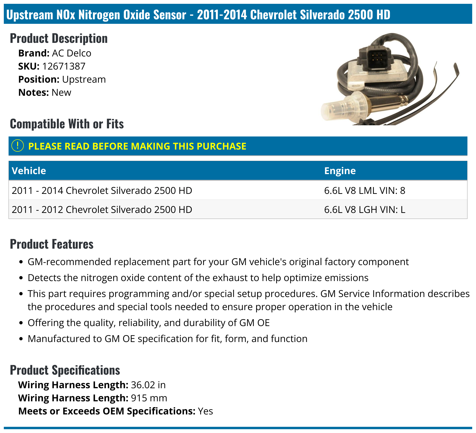 2011-2014 Chevrolet Silverado 2500 HD NOx (Nitrogen Oxide) Sensor - AC ...