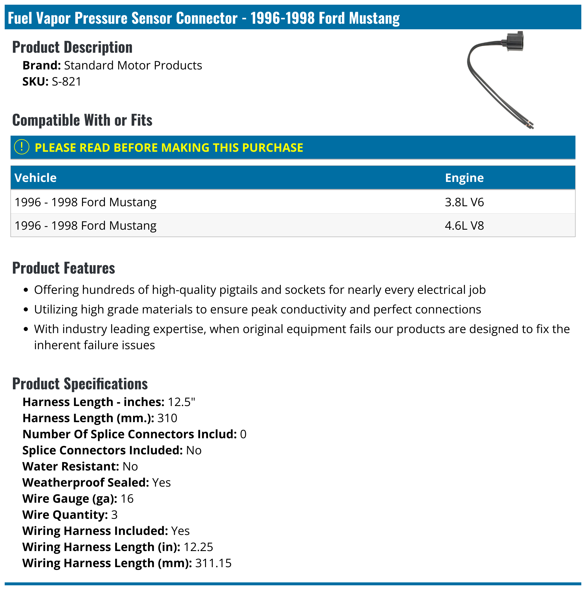 1996-1998 Ford Mustang Fuel Vapor Pressure Sensor Connector - Standard ...