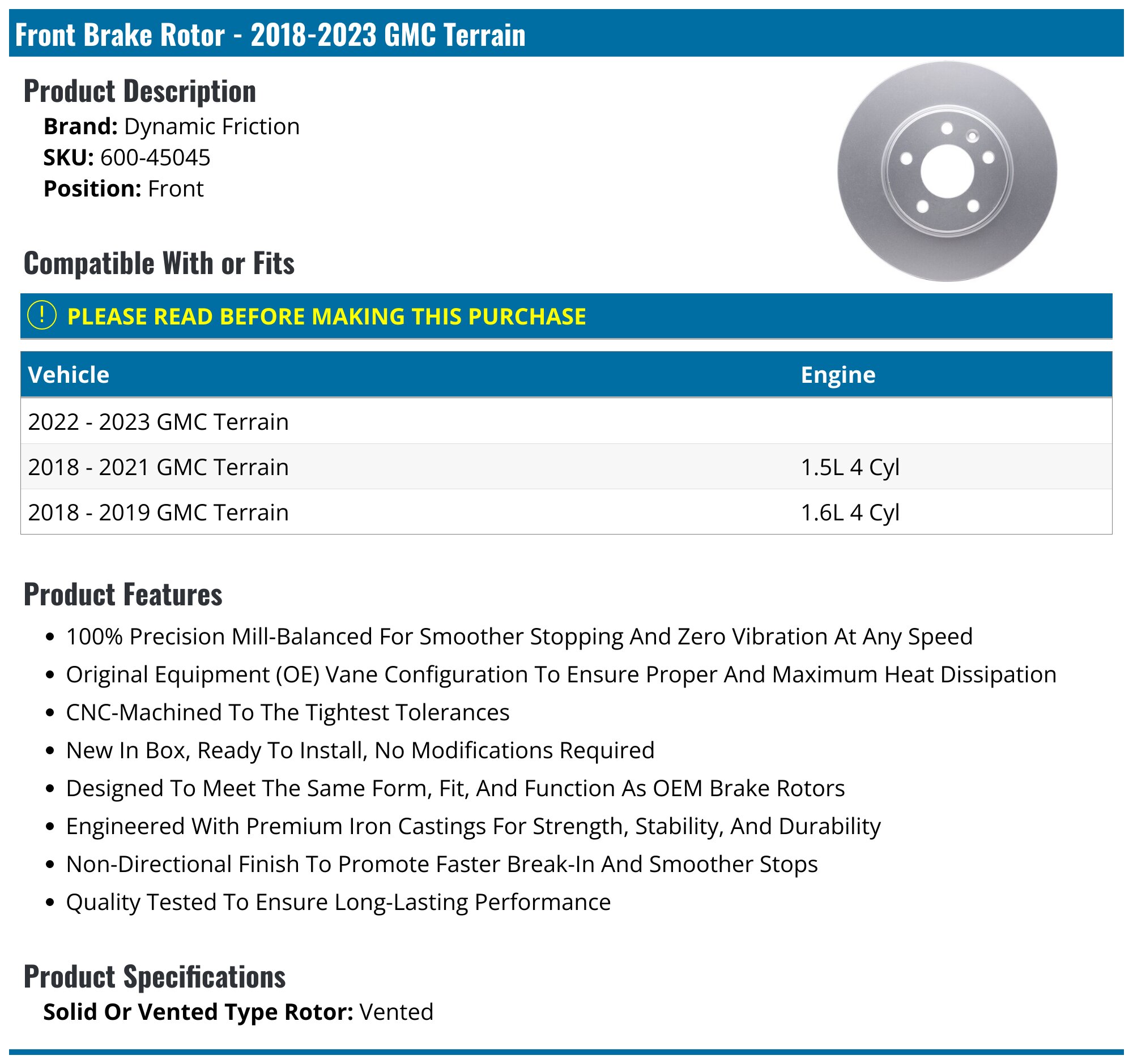 2018-2026 GMC Terrain Brake Rotor - Dynamic Friction 600-45045 - Front ...