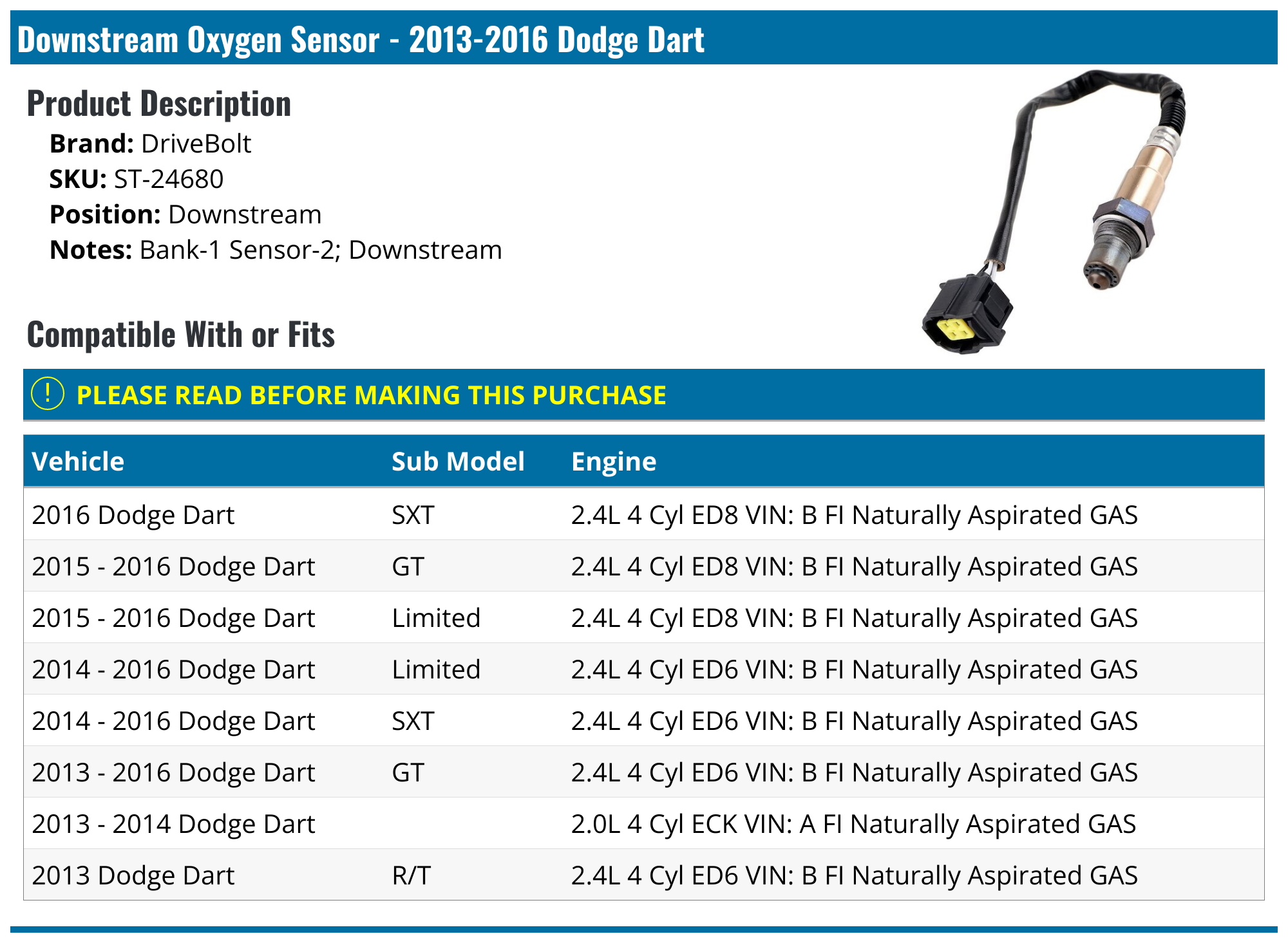 2013-2016 Dodge Dart Oxygen Sensor - DriveBolt ST-24680 - Downstream ...