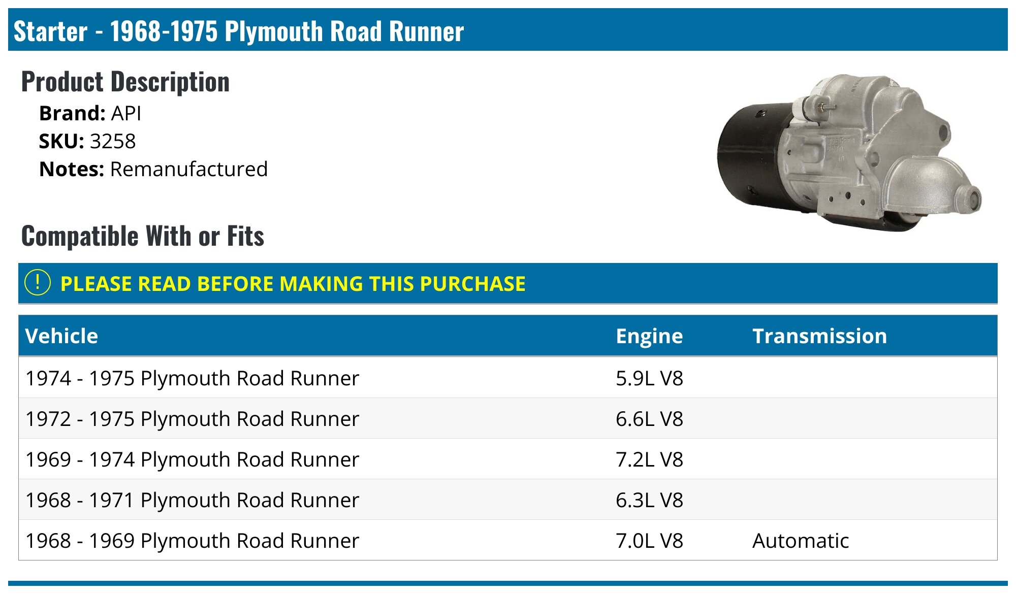 1968-1975 Plymouth Road Runner Starter - API 16758-02590655 - PartsGeek.com