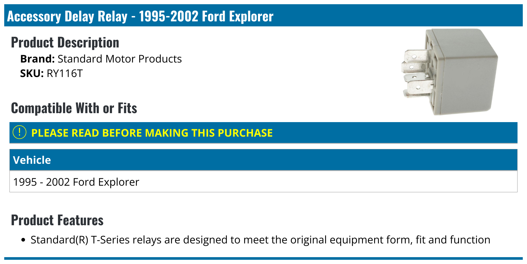 1995-2002 Ford Explorer Accessory Delay Relay - Standard Motor Products ...