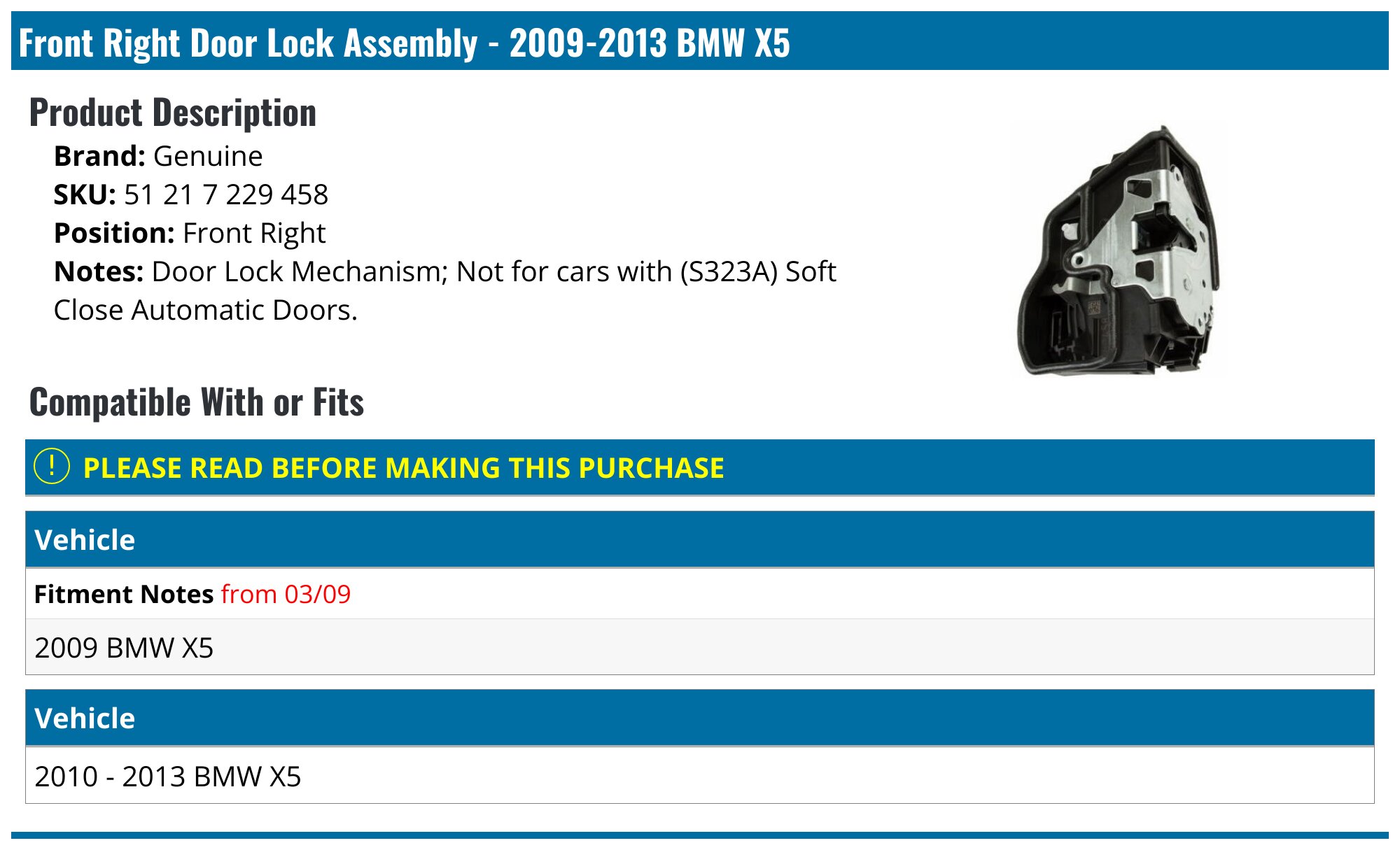 2009-2013 BMW X5 Door Lock Actuator - Genuine 51 21 7 229 458 - Front ...