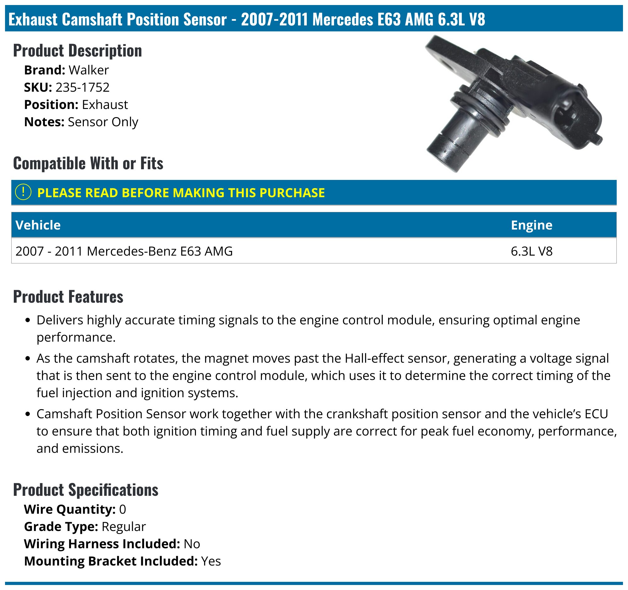 2007-2011 Mercedes E63 AMG Camshaft Position Sensor - Walker 235-1752 ...