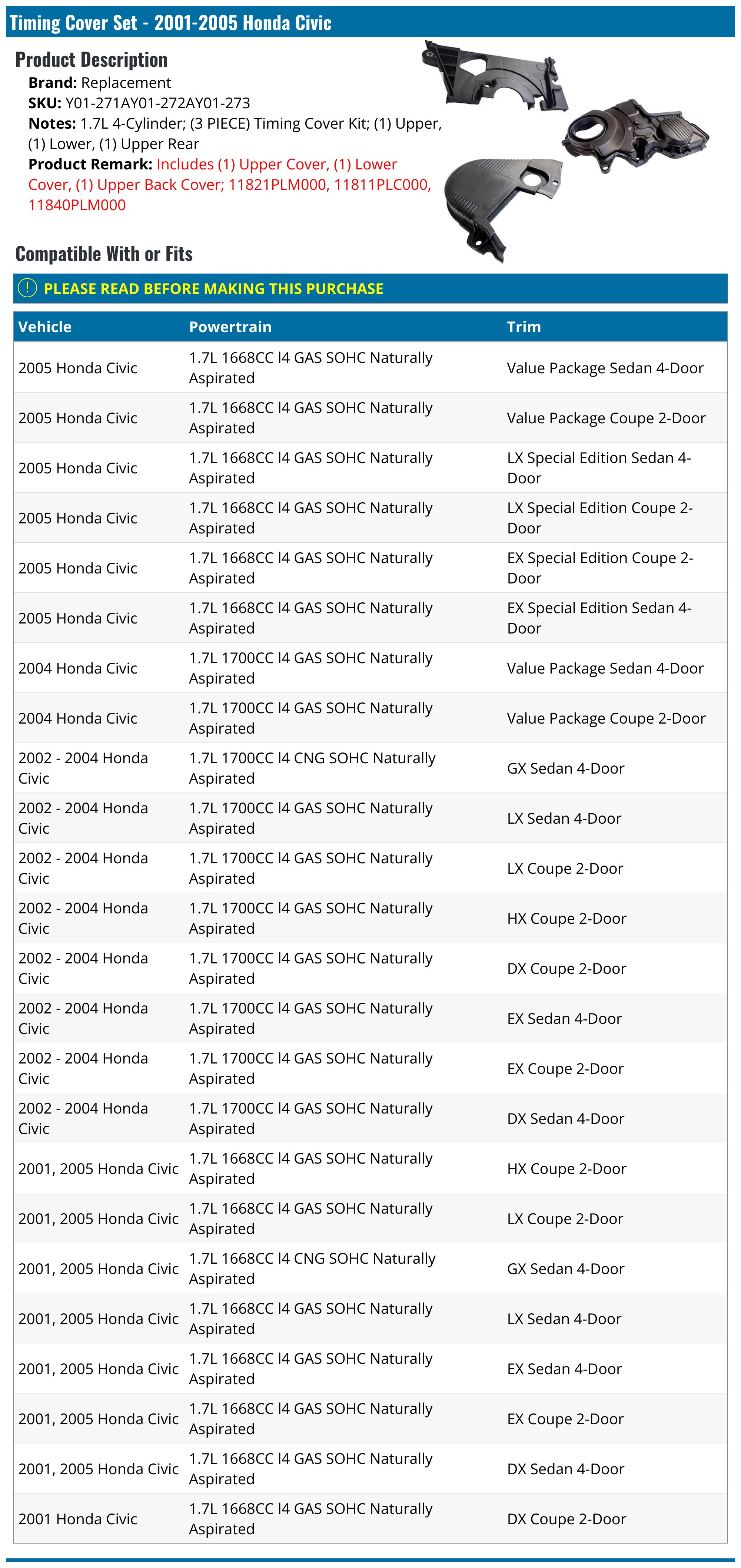 2001-2005 Honda Civic Timing Cover - Replacement Y01-271AY01-272AY01 ...