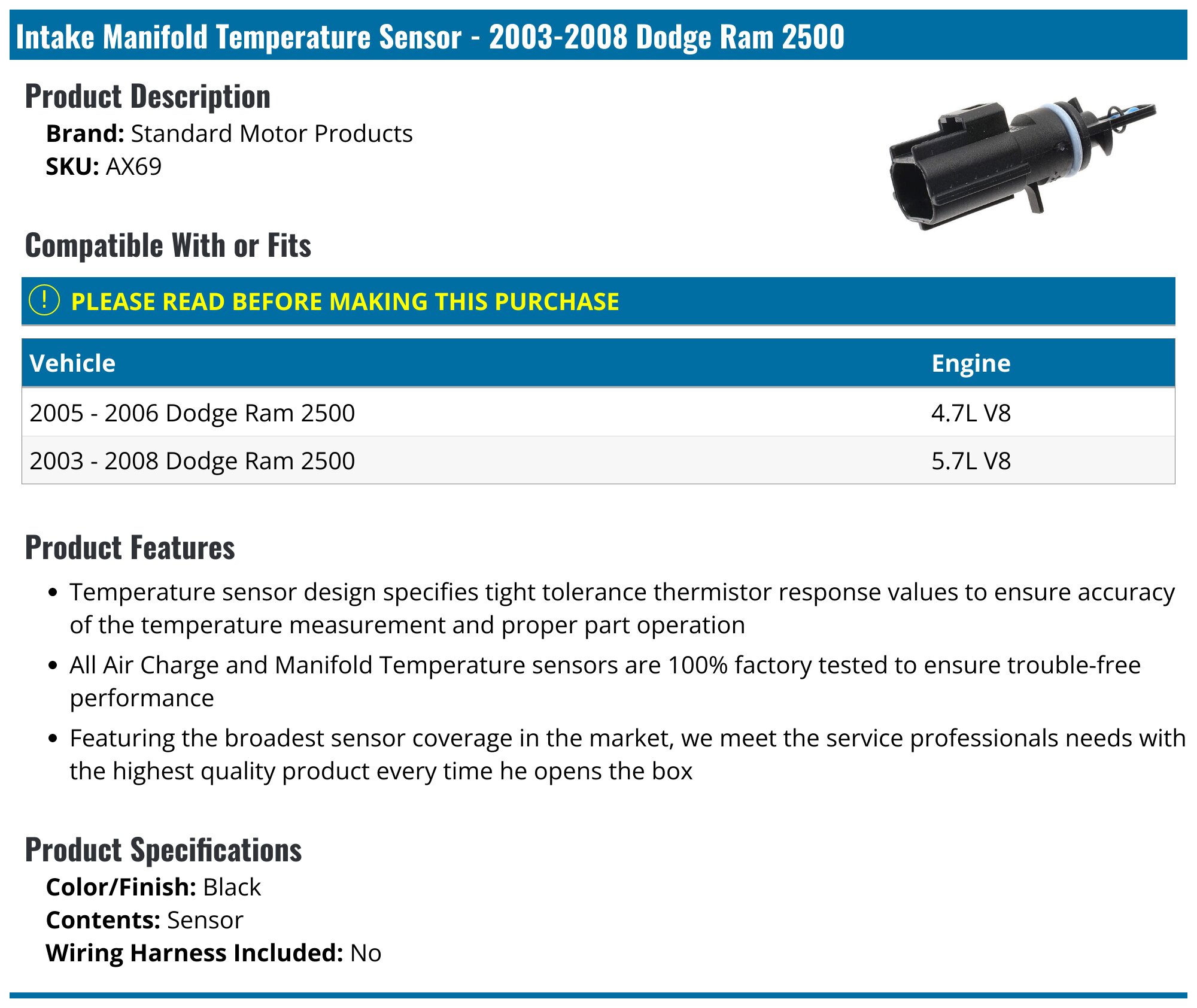 2003-2008 Dodge Ram 2500 Intake Manifold Temperature Sensor - Standard ...