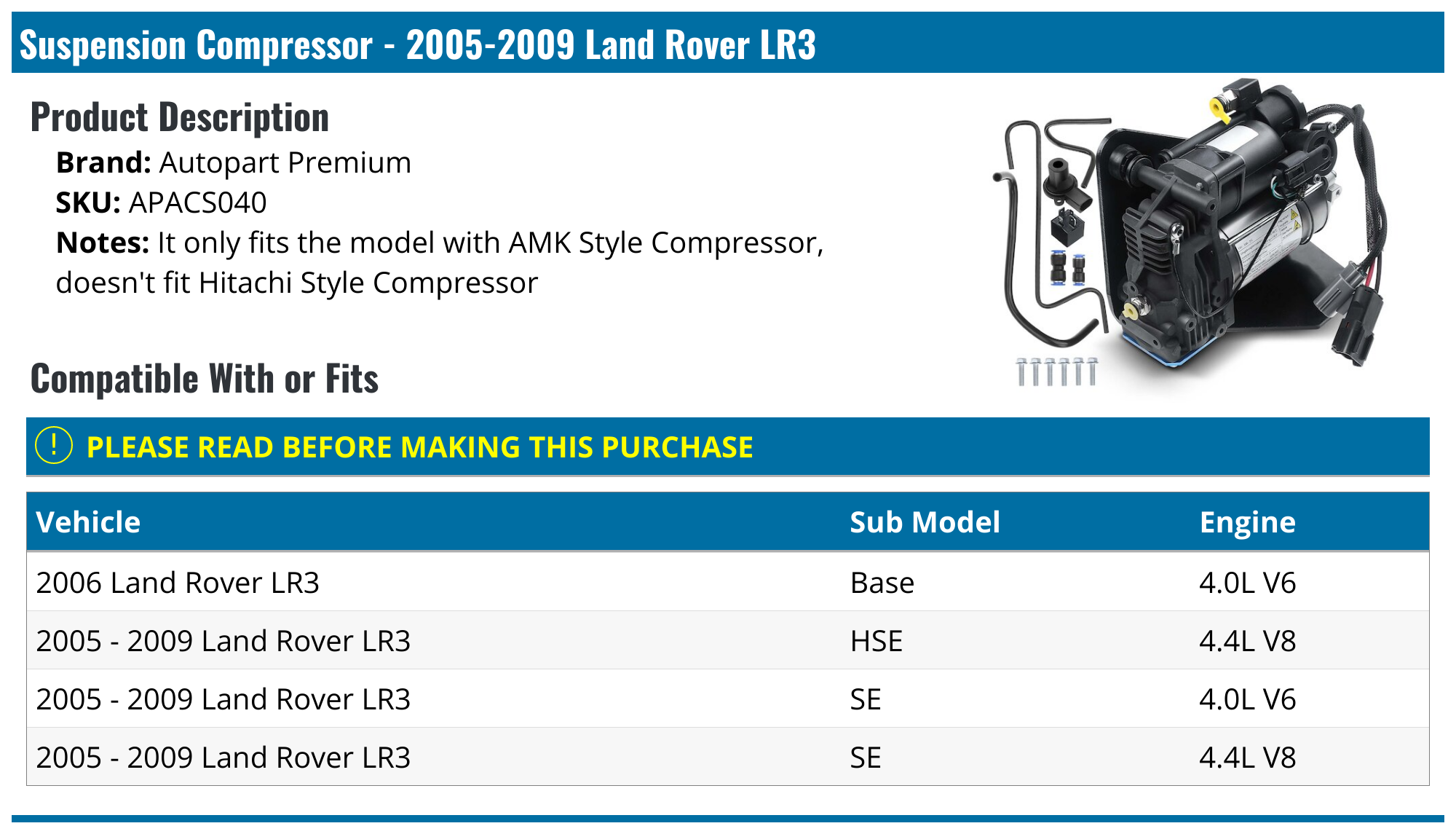 2005-2009 Land Rover LR3 Suspension Compressor - Autopart Premium ...