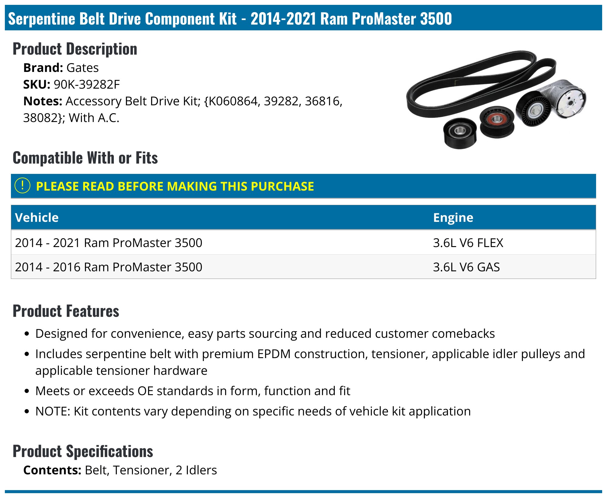2014-2021 Ram ProMaster 3500 Accessory Drive Belt - Gates 90K-39282F ...
