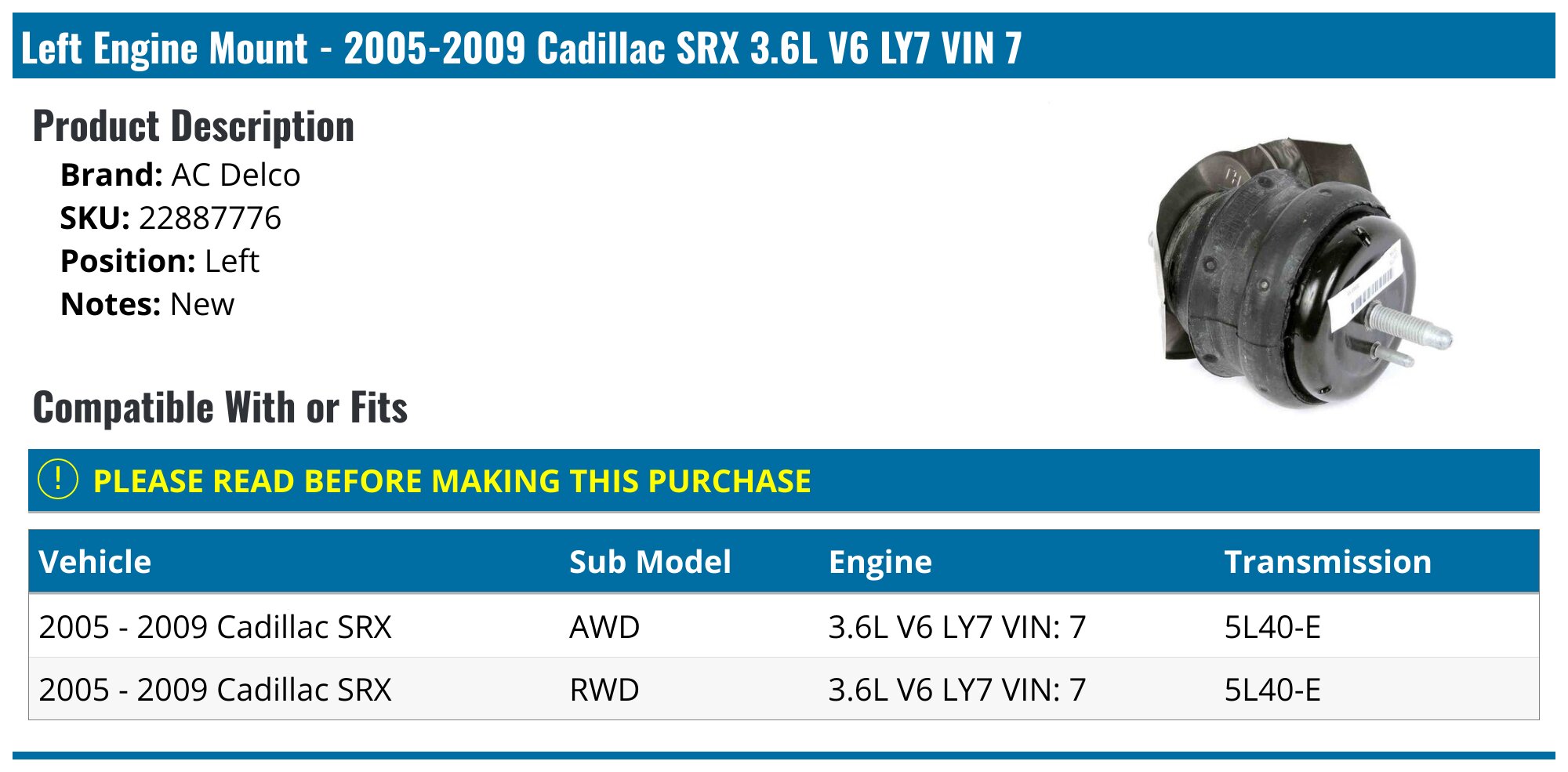 2005-2009 Cadillac SRX Engine Mount - AC Delco 22887776 - Left ...