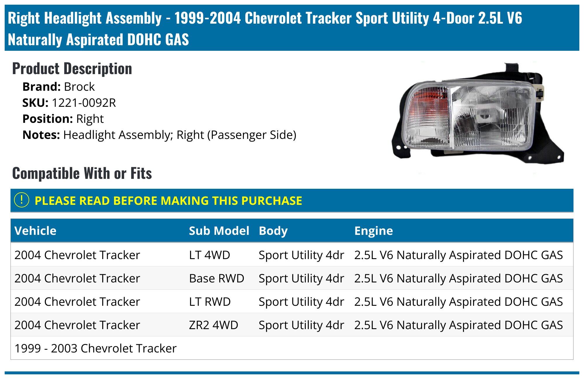 1999-2004 Chevrolet Tracker Headlight Assembly - Brock 1221-0092R ...