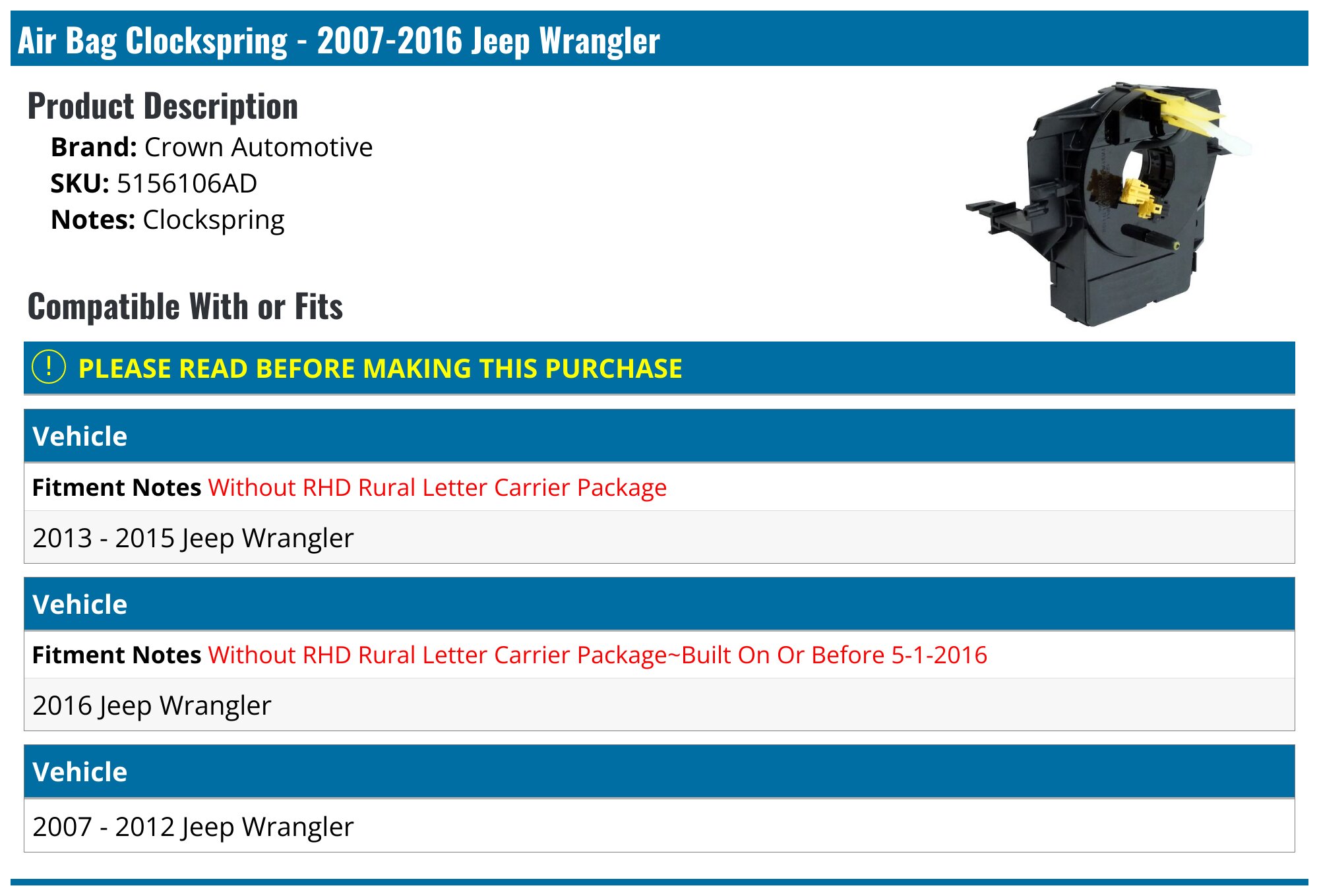 2007-2016 Jeep Wrangler Air Bag Clockspring - Crown Automotive ...