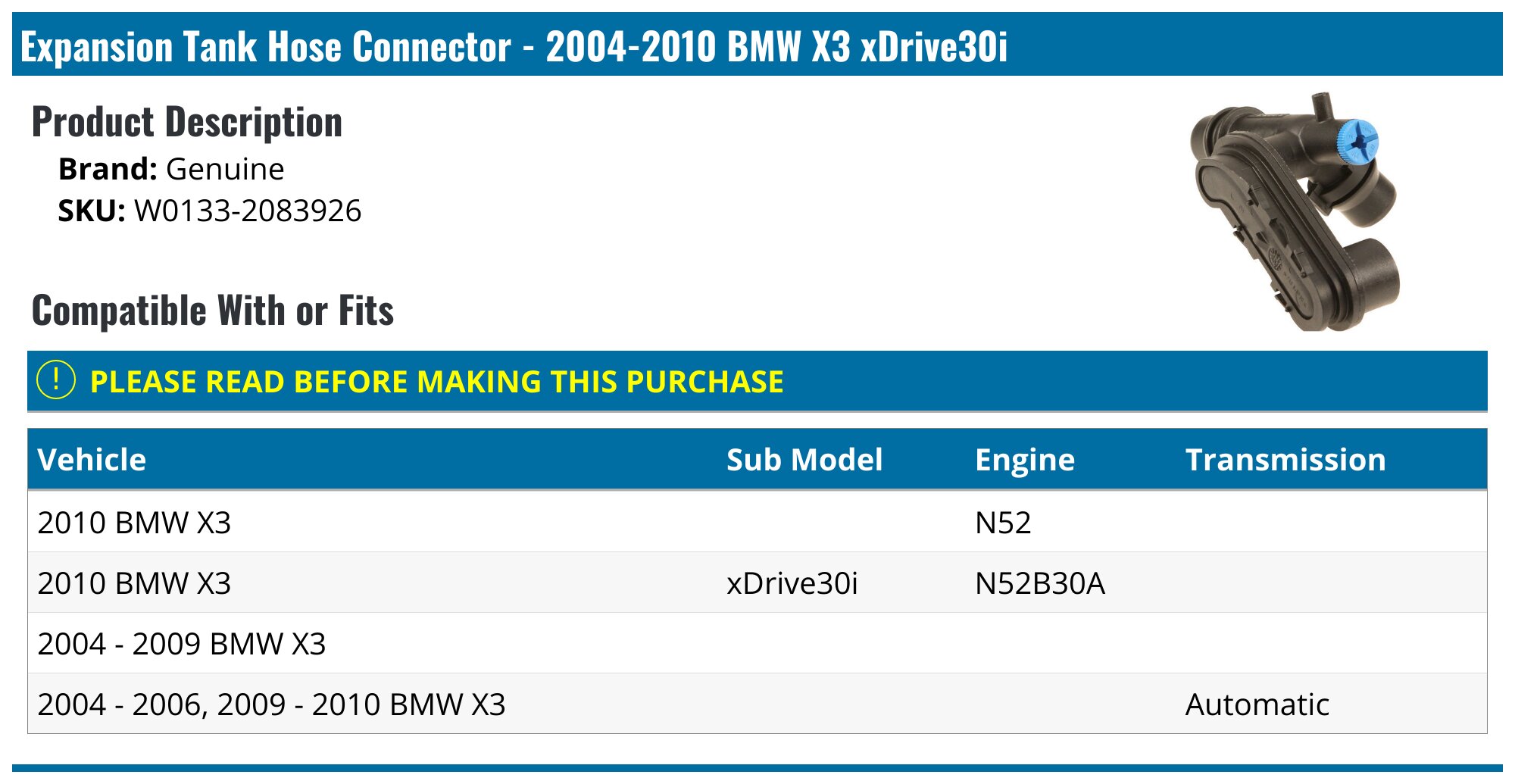 2004-2010 BMW X3 Expansion Tank Hose Connector - Genuine W0133-2083926 ...