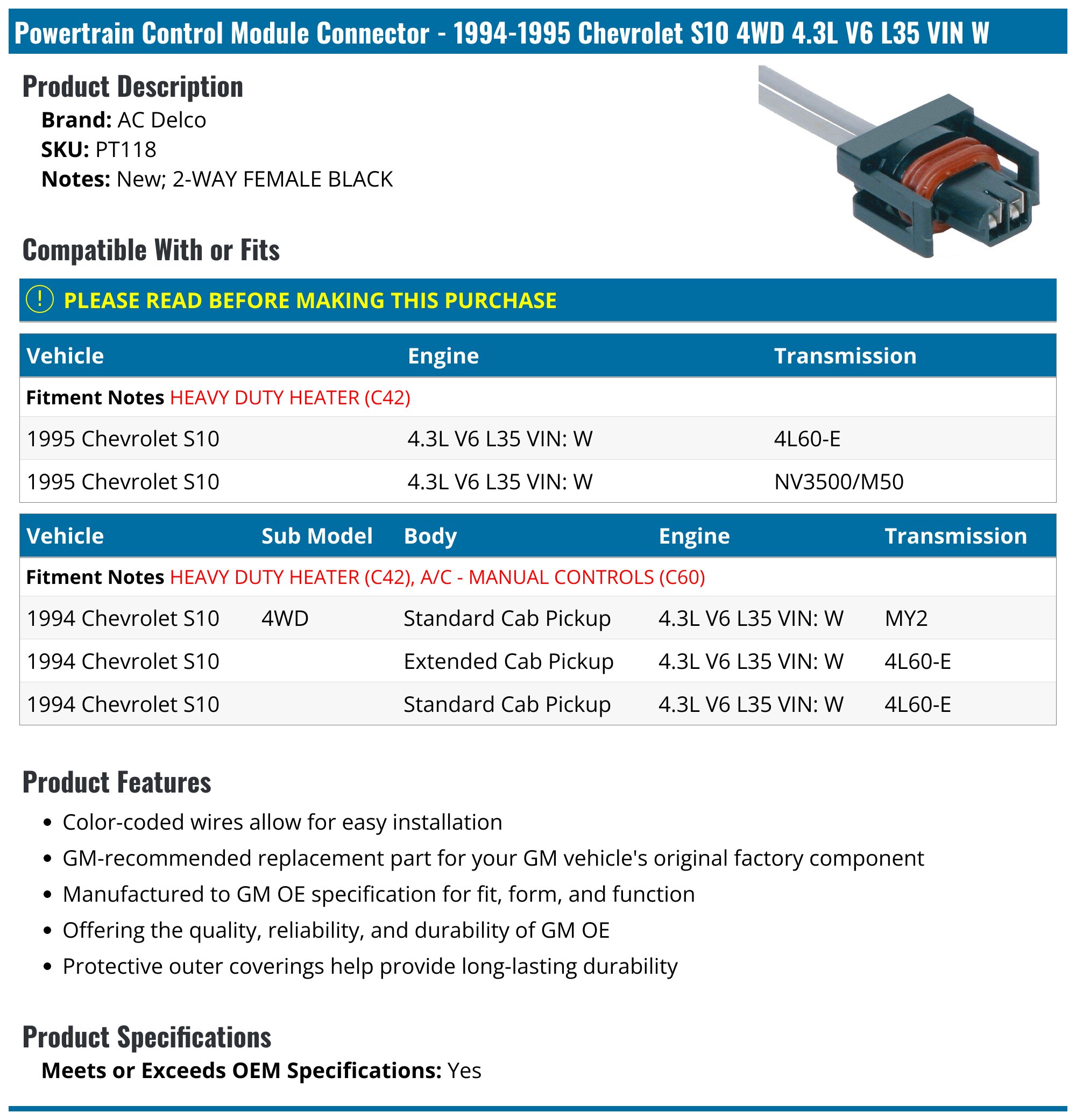 1994-1995 Chevrolet S10 Powertrain Control Module Connector - AC Delco ...