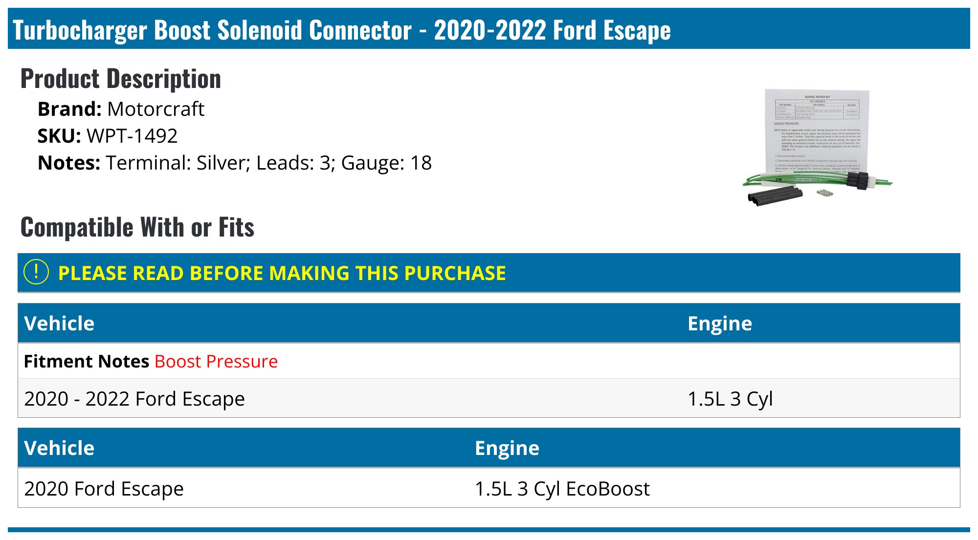 2020-2025 Ford Escape Turbocharger Boost Solenoid Connector ...