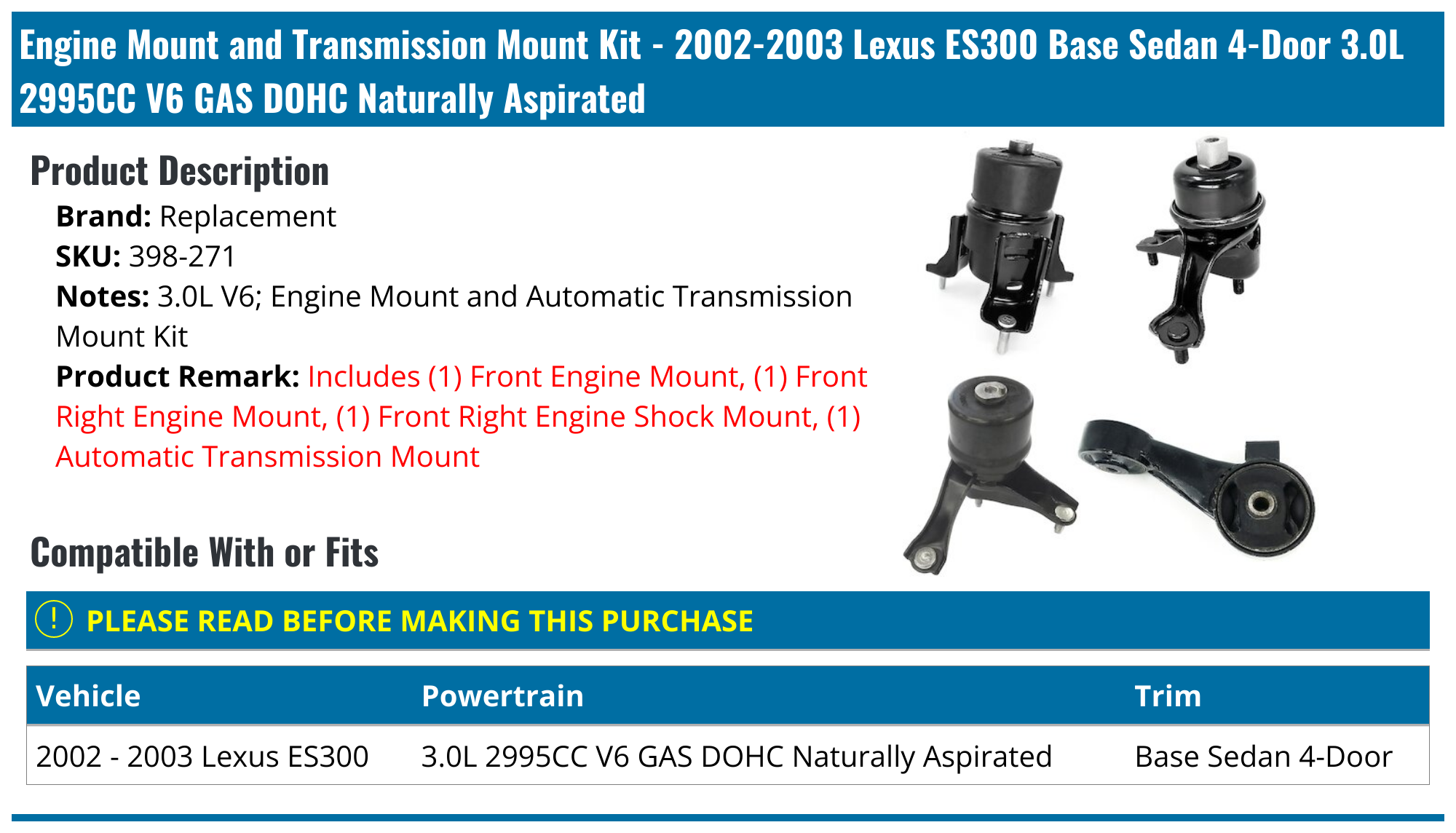 2002-2003 Lexus ES300 Engine Mount - Replacement 398-271 - PartsGeek.com