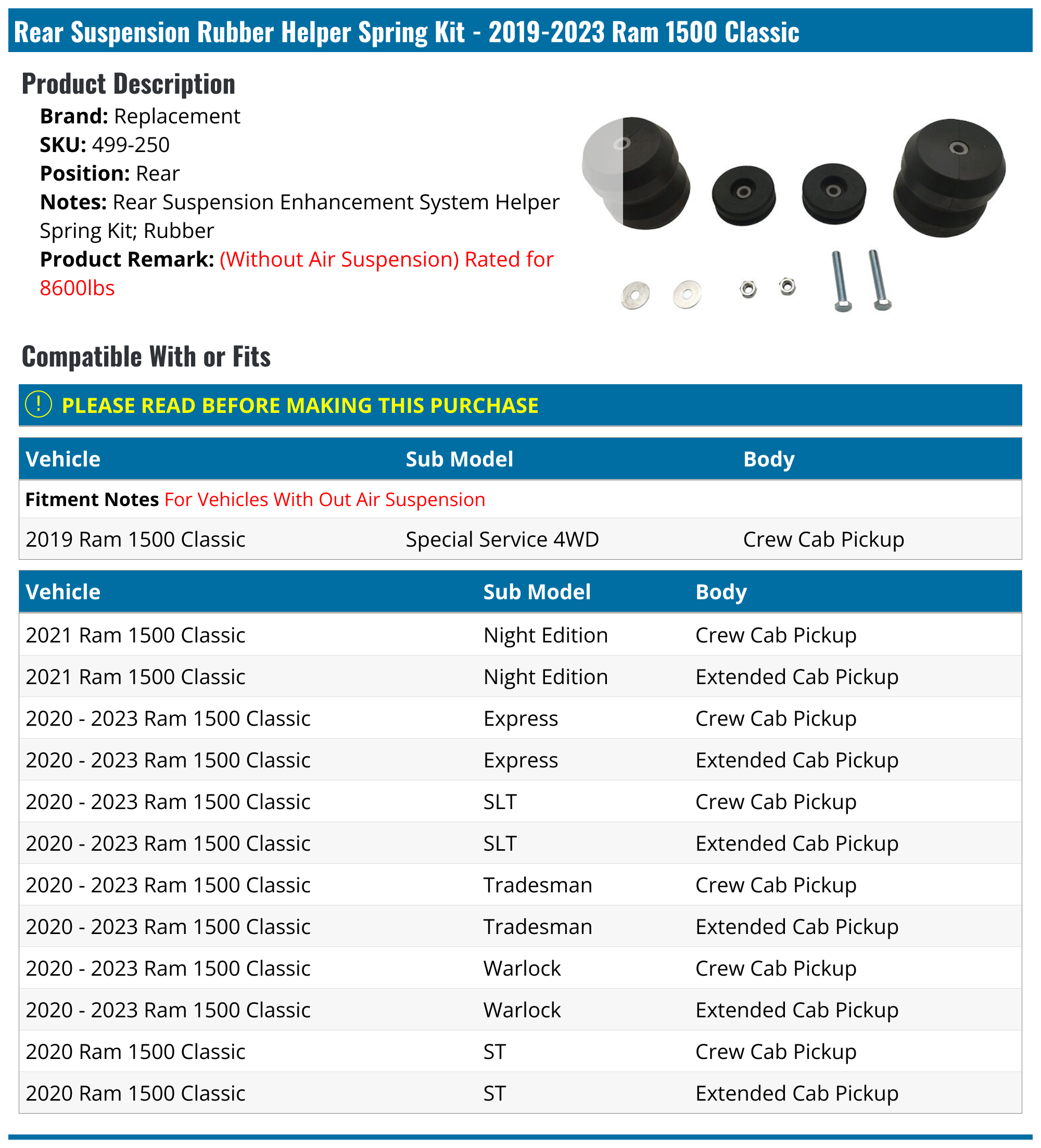 2019-2023 Ram 1500 Classic Air Spring - Replacement 499-250 - Rear ...