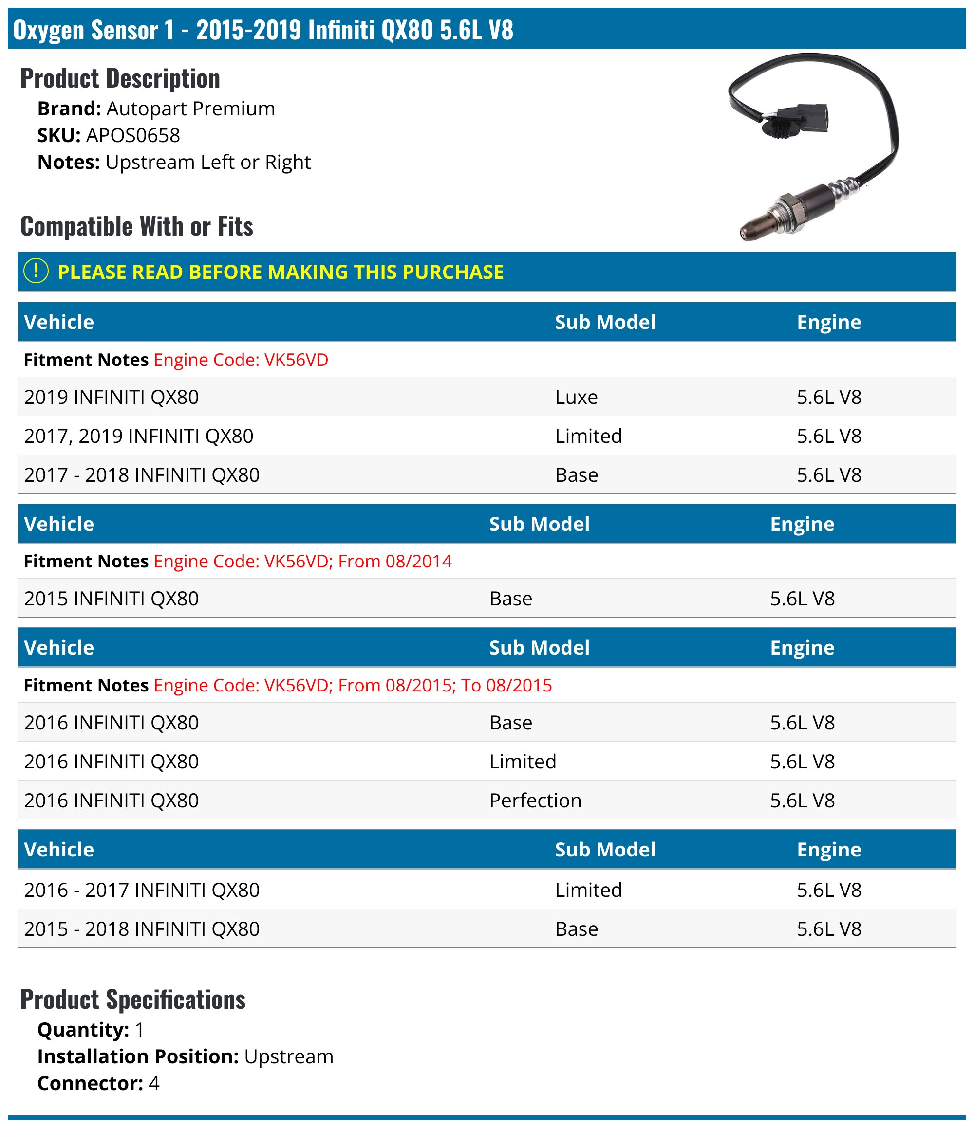 2015-2019 Infiniti QX80 Oxygen Sensor - Autopart Premium APOS0658 ...