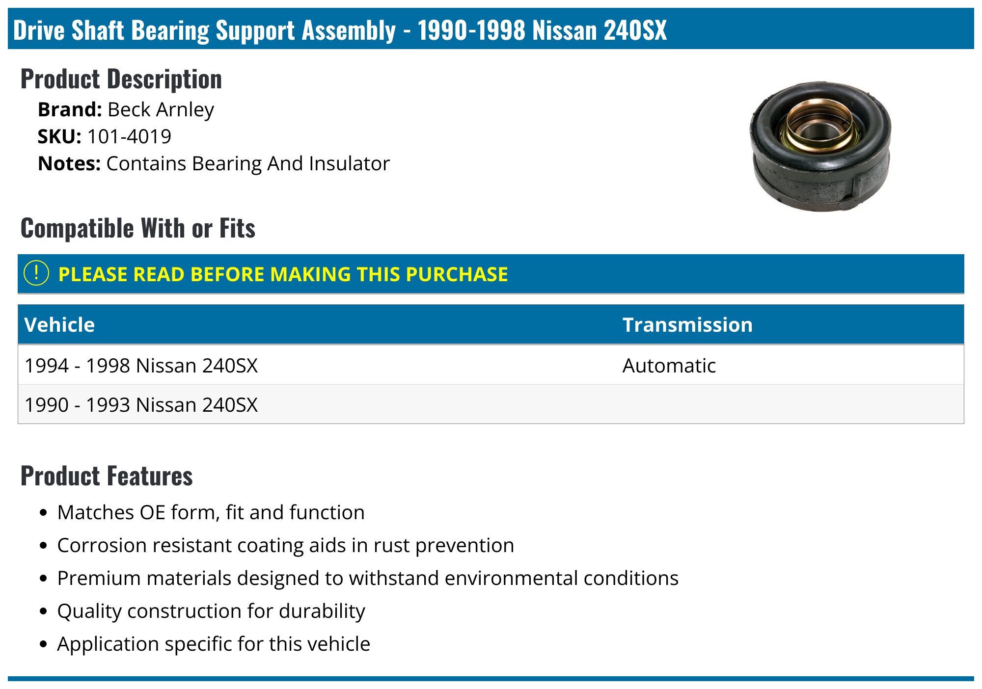 1990-1998 Nissan 240SX Drive Shaft Bearing Support Assembly - Beck ...