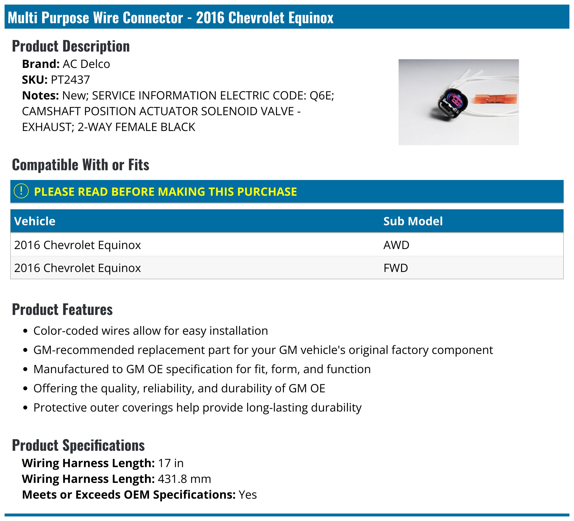 2016 Chevrolet Equinox Multi Purpose Wire Connector - AC Delco PT2437 ...