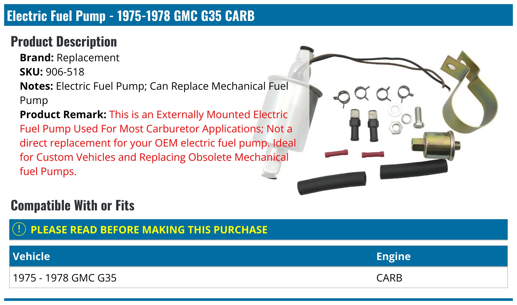 1975-1978 GMC G35 Fuel Pump - Replacement 906-518 - PartsGeek.com