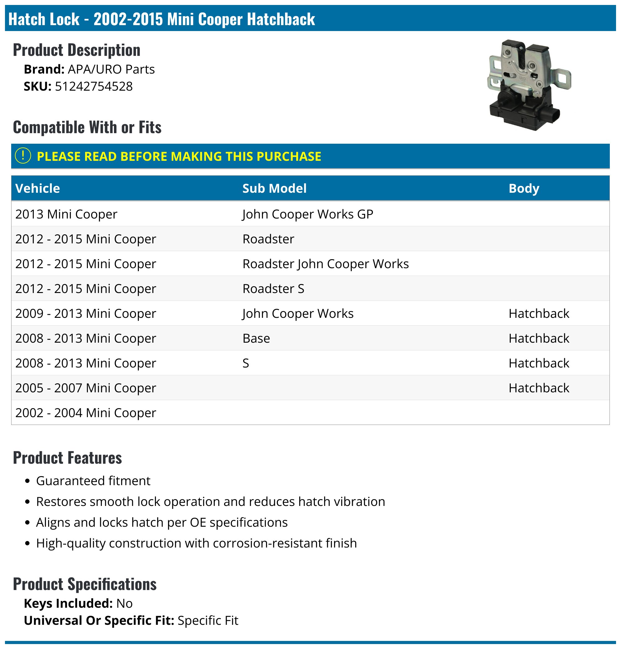 2002-2015 Mini Cooper Hatch Lock - APA/URO Parts 51242754528 ...