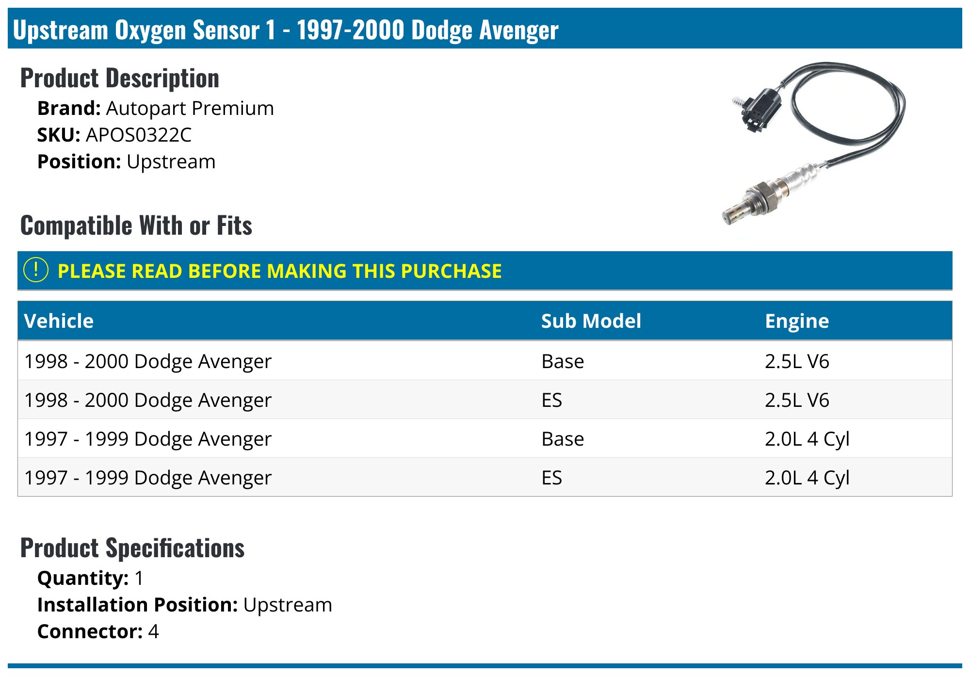 1997-2000 Dodge Avenger Oxygen Sensor - Autopart Premium APOS0322C ...