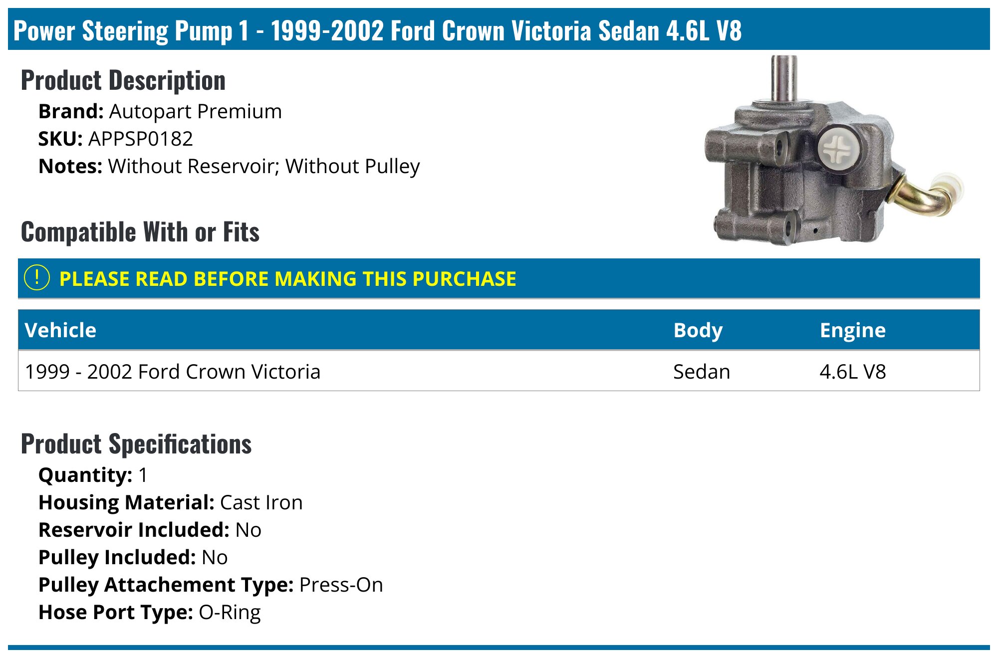1999-2002 Ford Crown Victoria Power Steering Pump - Autopart Premium ...