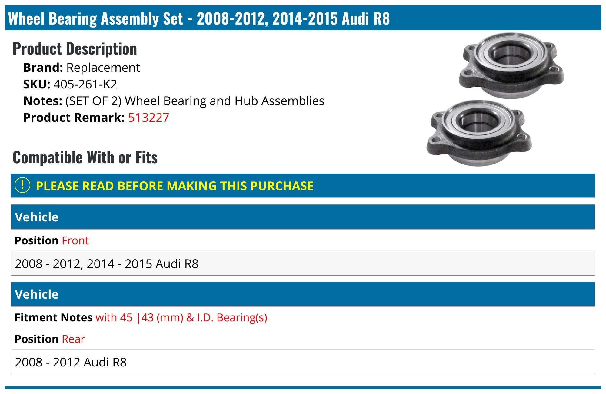 2008-2012, 2014-2015 Audi R8 Wheel Bearing - Replacement 405-261-K2 ...