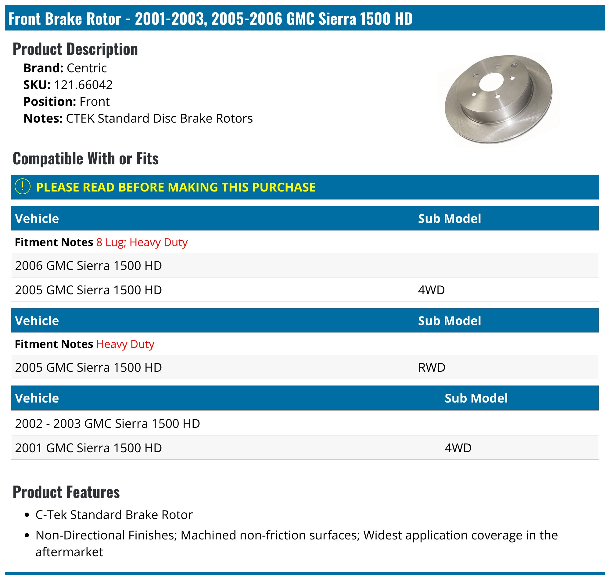 2001-2003, 2005-2006 GMC Sierra 1500 HD Brake Rotor - Centric 121.66042 ...